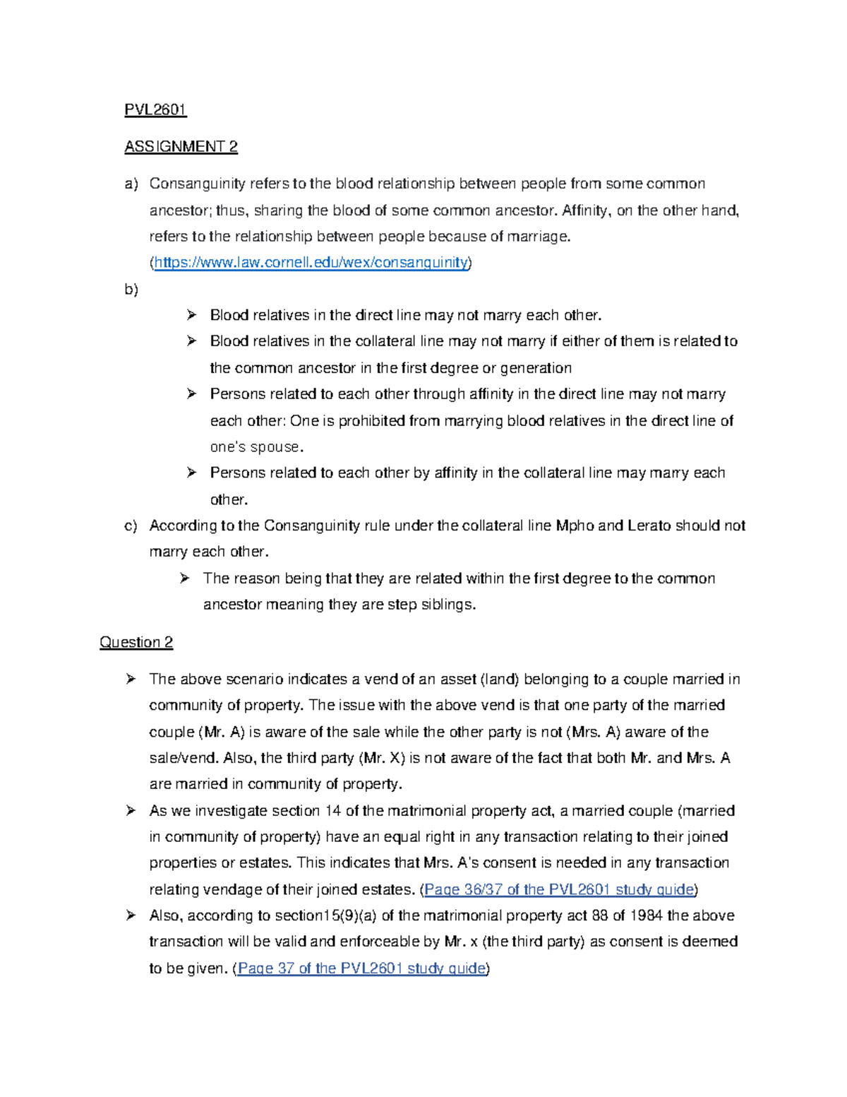 PVL2601 Assignment 2 - PVL ASSIGNMENT 2 a) Consanguinity refers to the ...