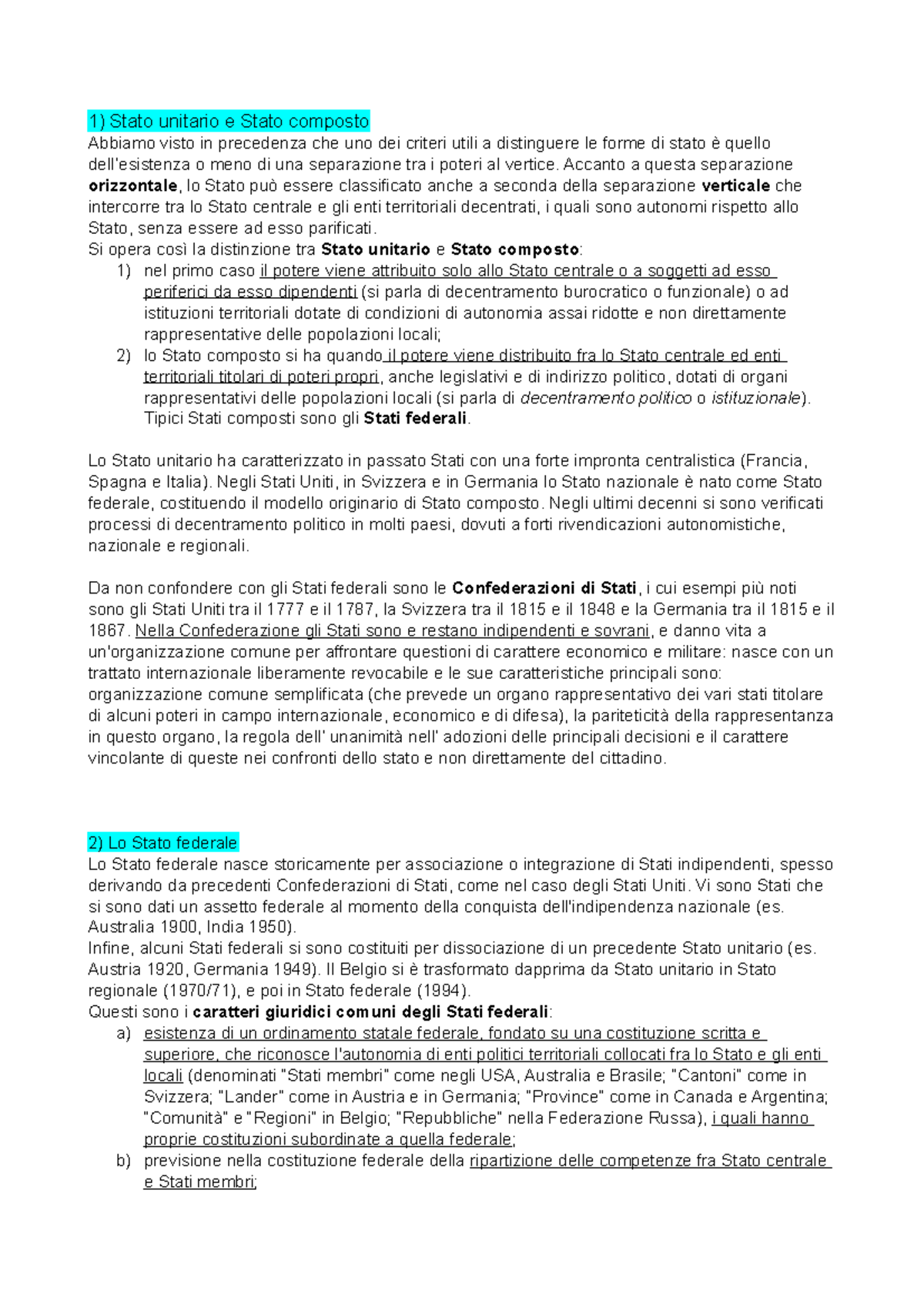 Riass. tipi di stato - 1) Stato unitario e Stato composto Abbiamo visto ...