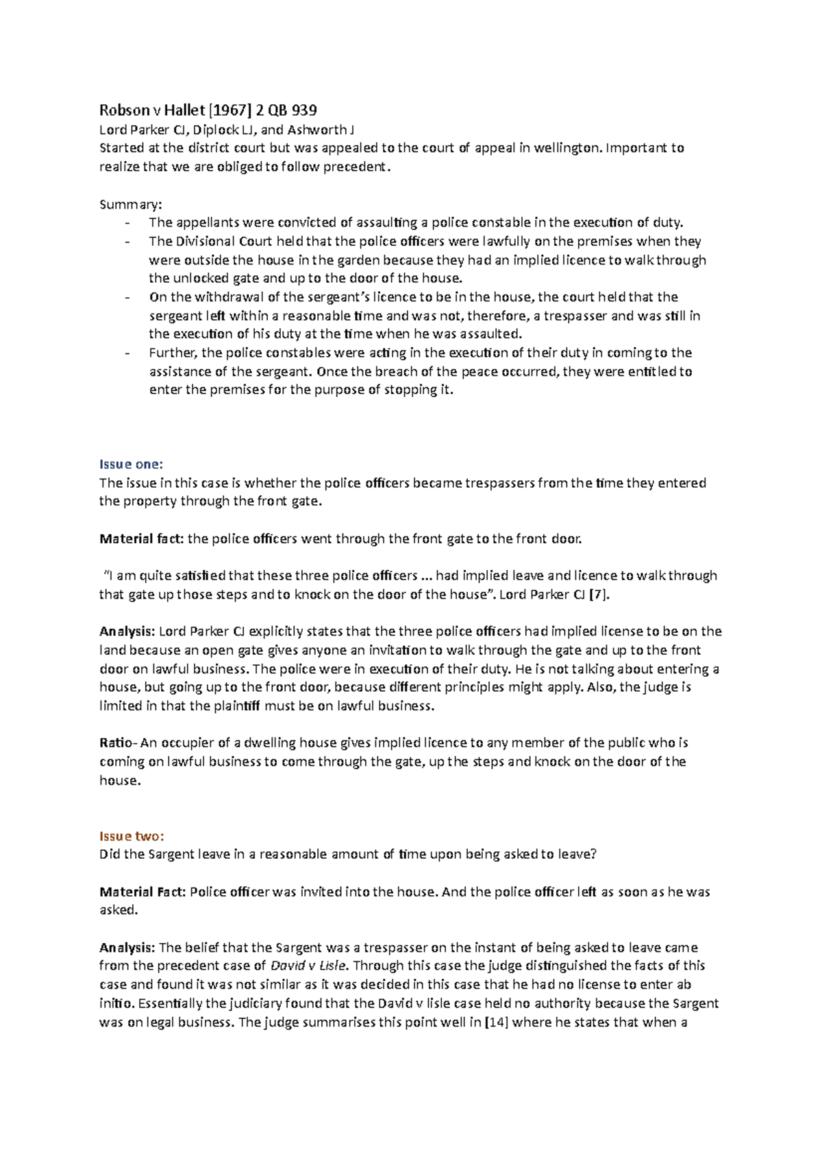 Robson v Hallet breakdown - Robson v Hallet [1967] 2 QB 939 Lord Parker ...