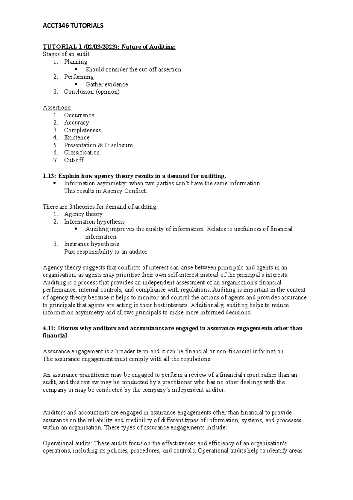 ACCT346 Tutorials - TUTORIAL 1 (02/03/2023): Nature of Auditing: Stages of an audit: 1. Planning ...
