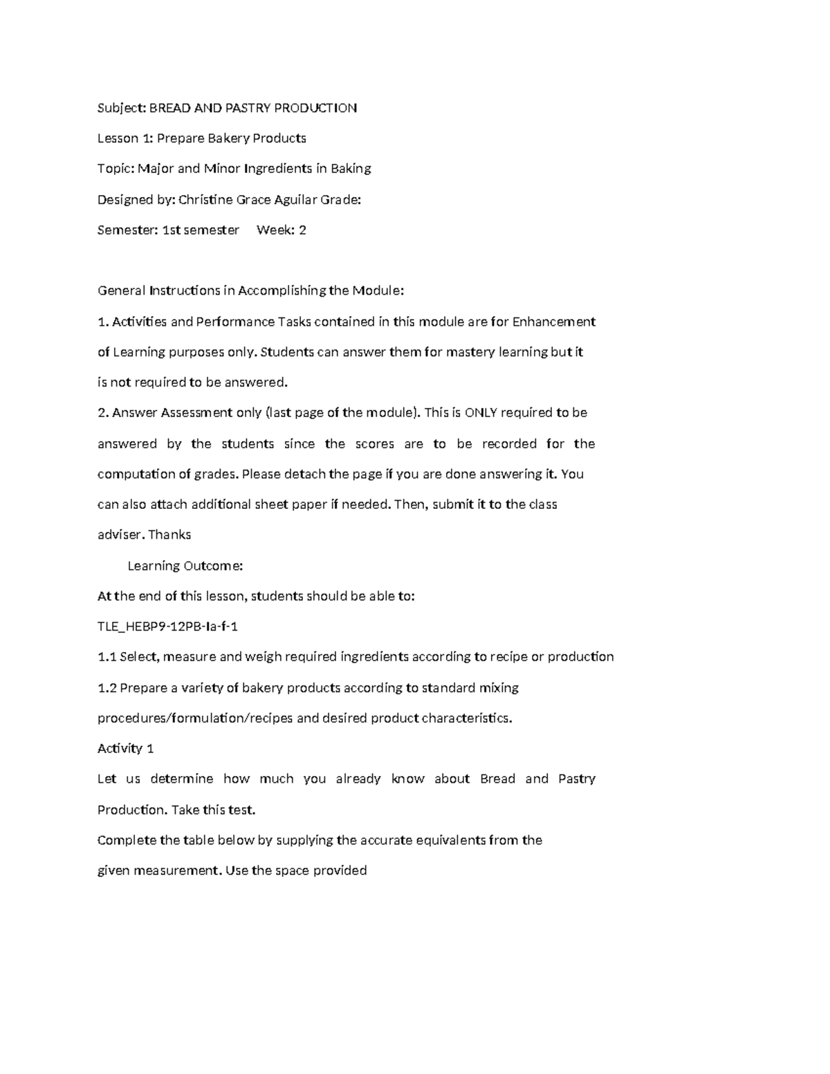 Week 2 minor and major bpp - Subject: BREAD AND PASTRY PRODUCTION Lesson 1: Prepare Bakery ...