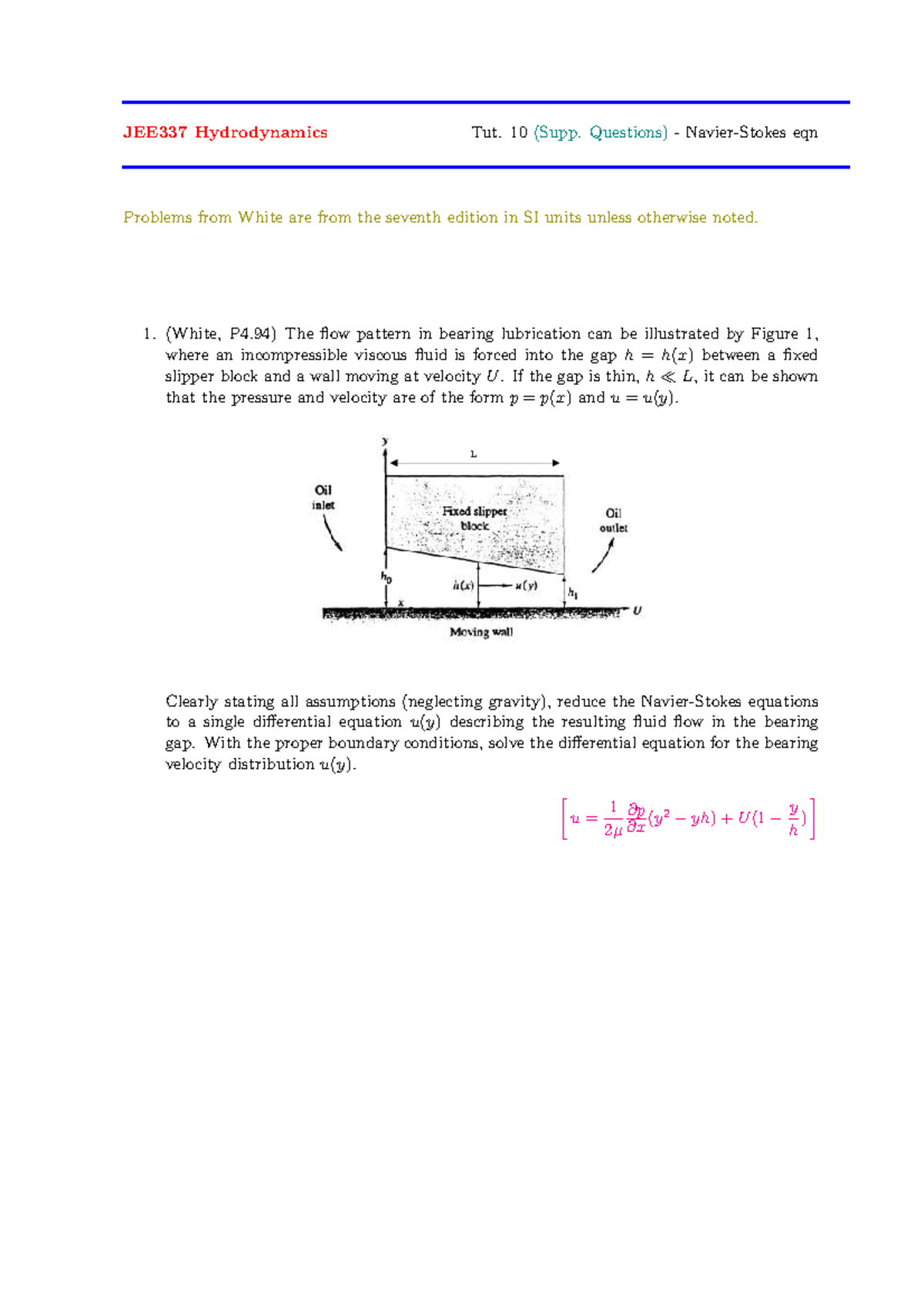 Tutorial s10 2018 supp - JEE337 Hydrodynamics Tut. 10 (Supp. Questions) eqn Problems from White ...