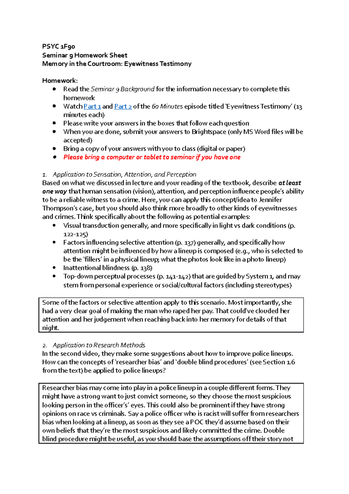 Eyewitness testimony homework sheet - PSYC 1F Seminar 9 Homework Sheet ...