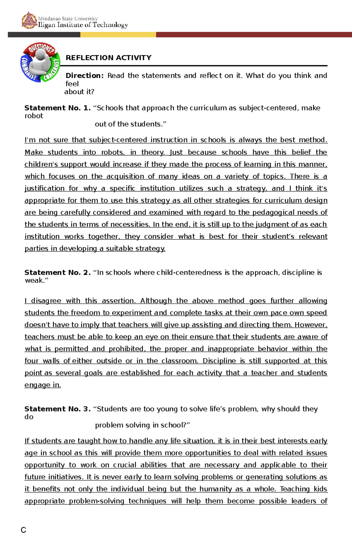 Module 3 Lesson 5 Activities - REFLECTION ACTIVITY Direction: Read the ...