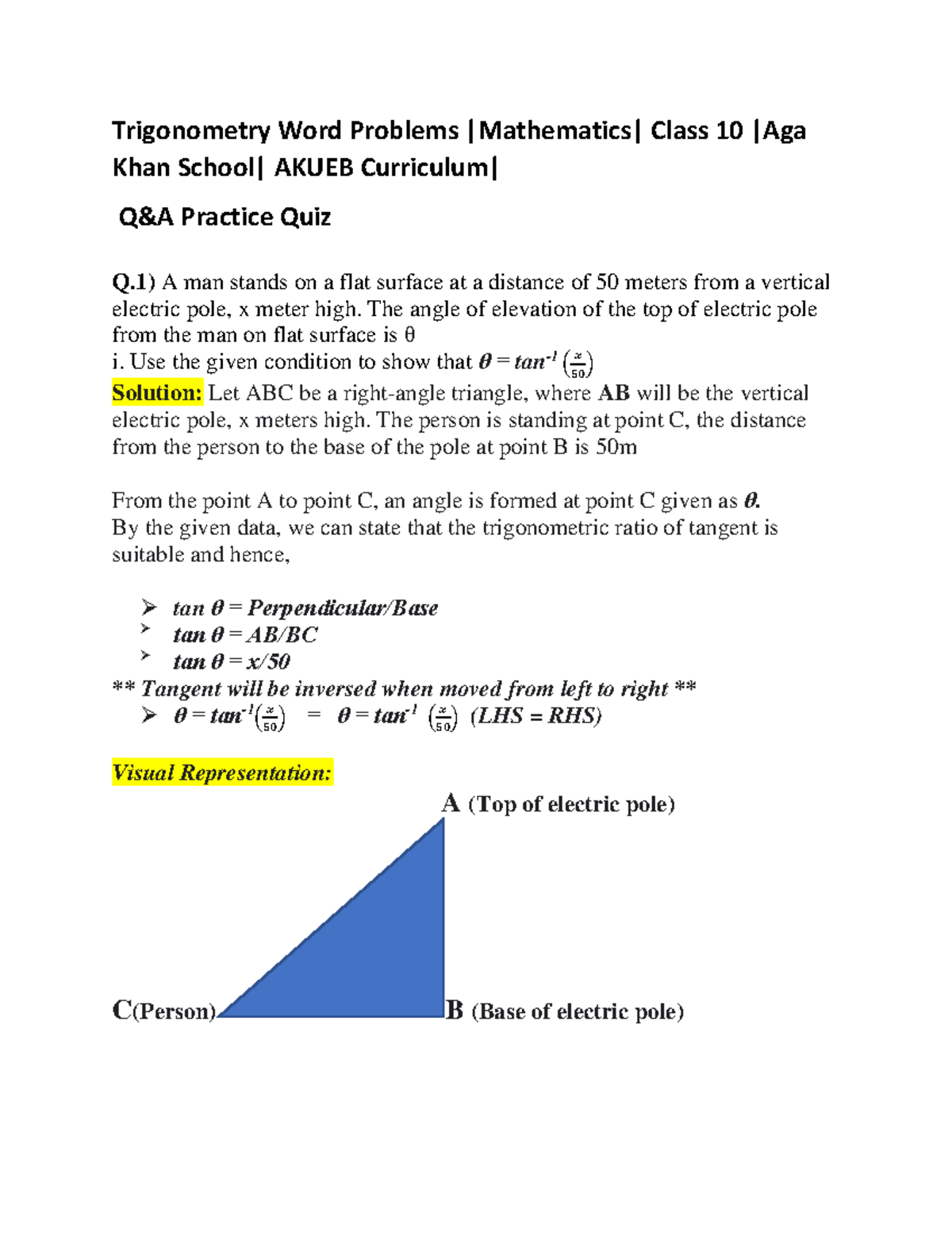 Trigonometry Practice Quiz for Grade 10 - Trigonometry Word Problems ...