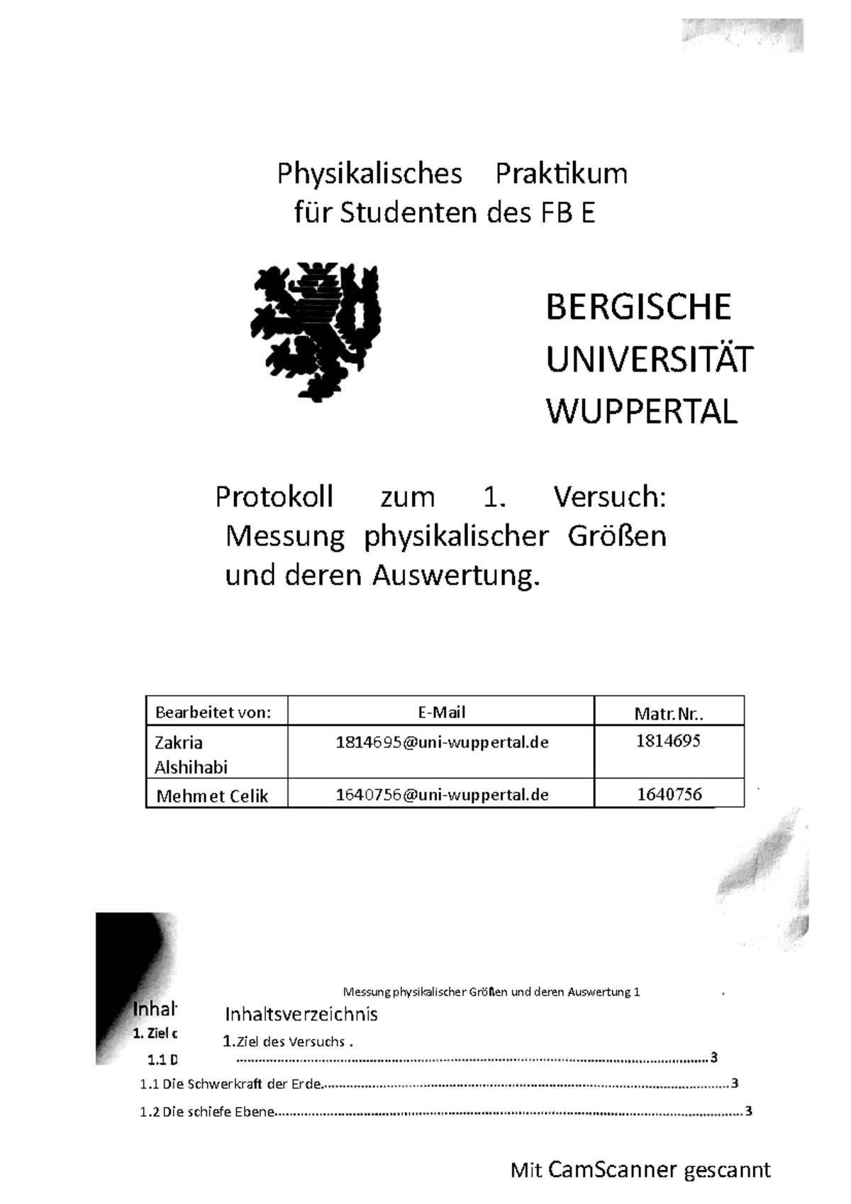 Protokoll Versuch 1 Physik - Physikalisches Praktikum für Studenten des ...