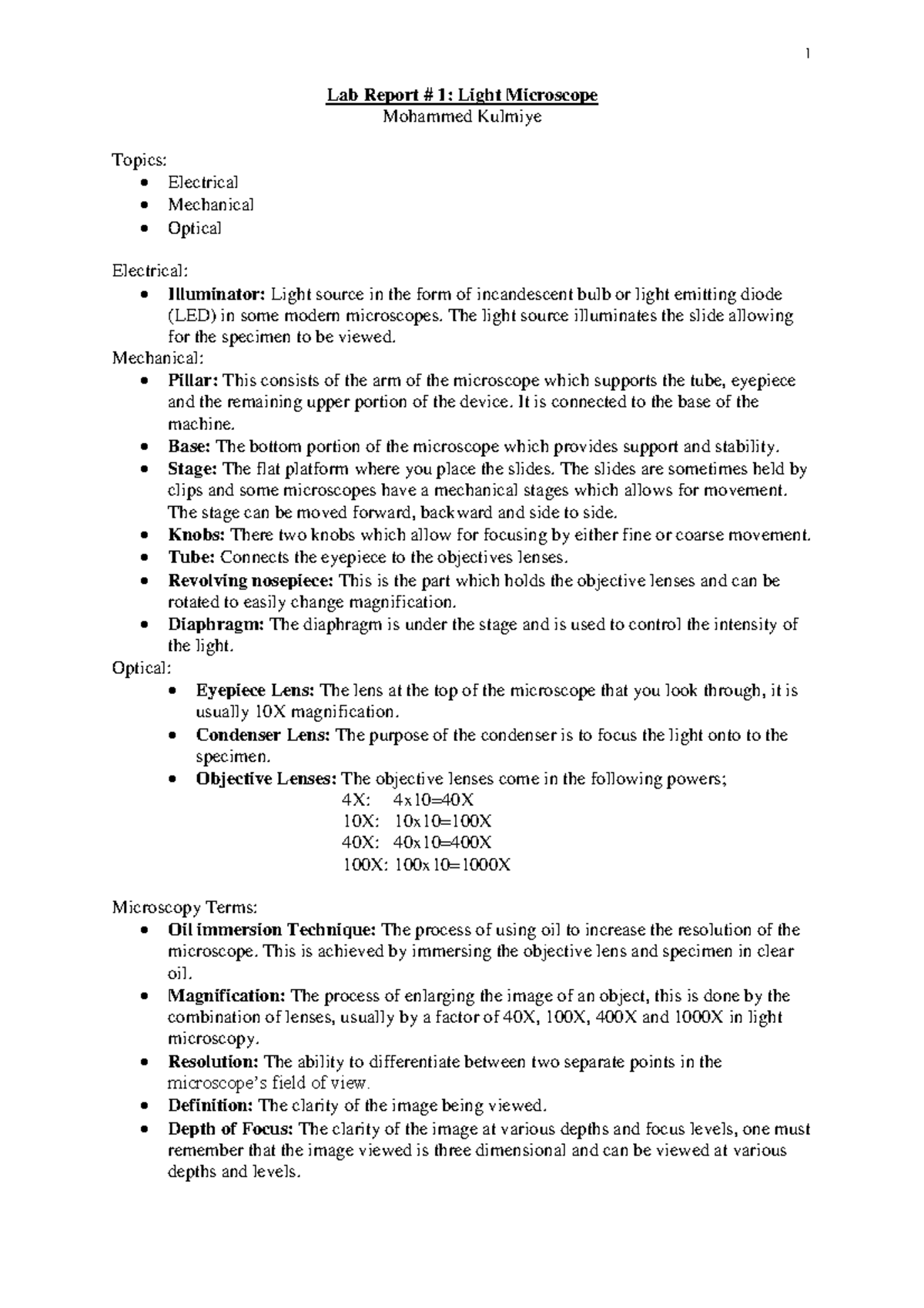 Parasitology Scheme - Lab Report # 1: Light Microscope Mohammed Kulmiye ...