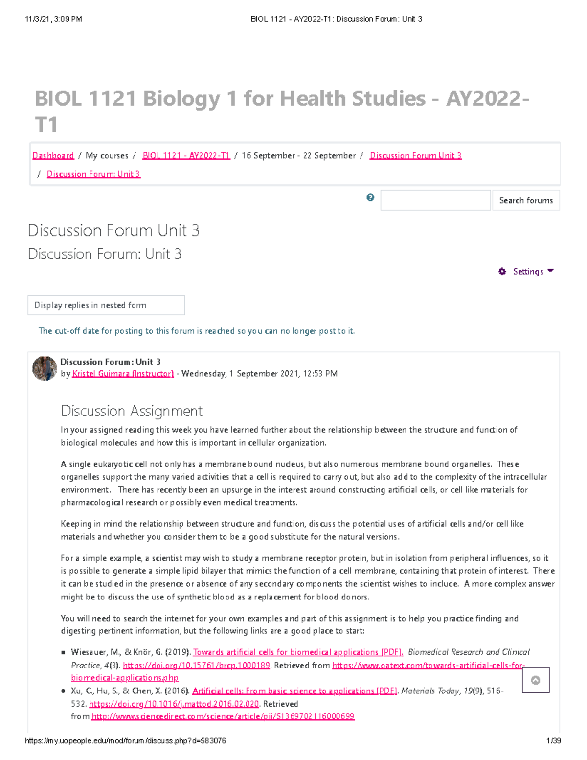 BIOL 1121 - AY2022-T1 Discussion Forum Unit 3 - 3:09 PM BIOL 1121 ...