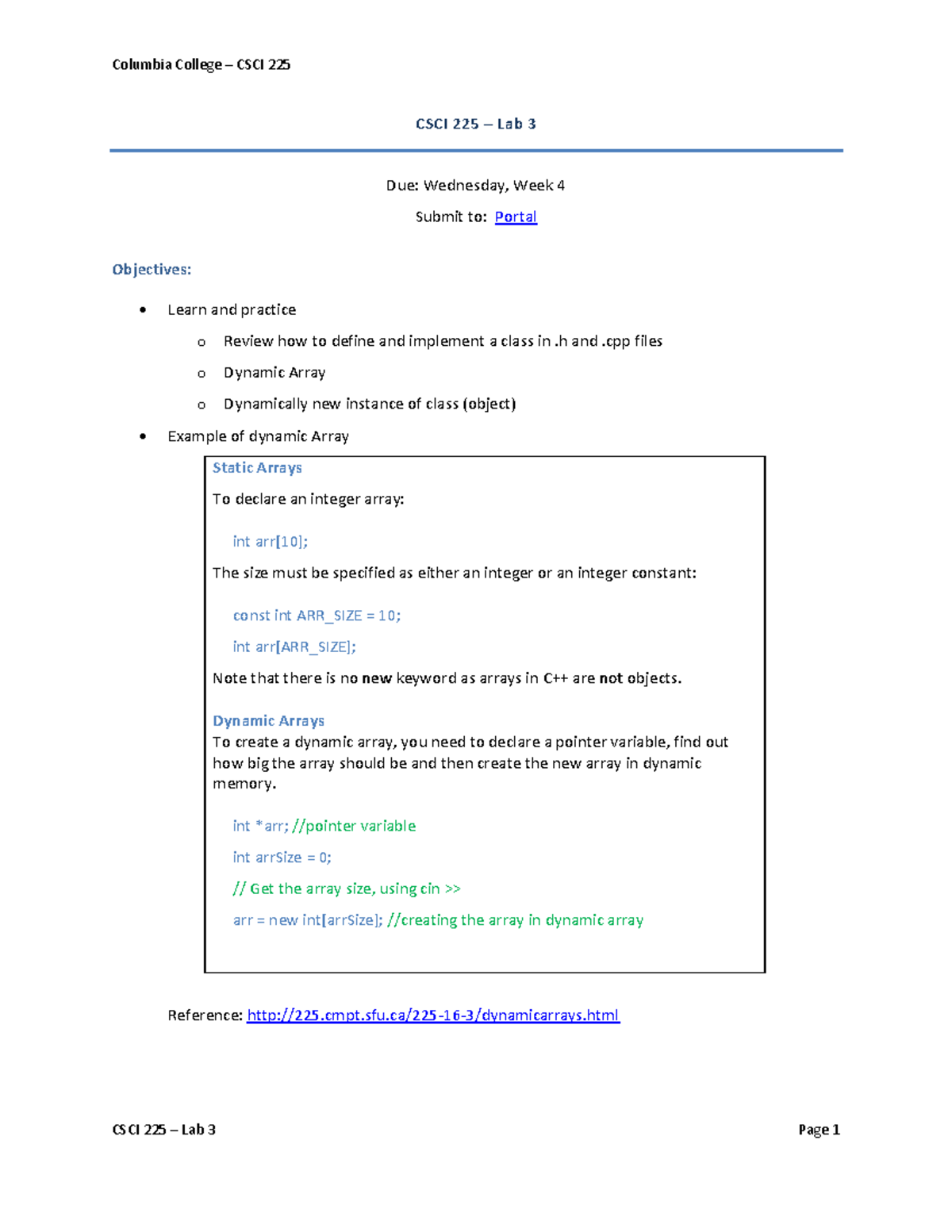 Lab3 dynamic Array - lecture notes - Columbia College – CSCI 2 25 CSCI ...