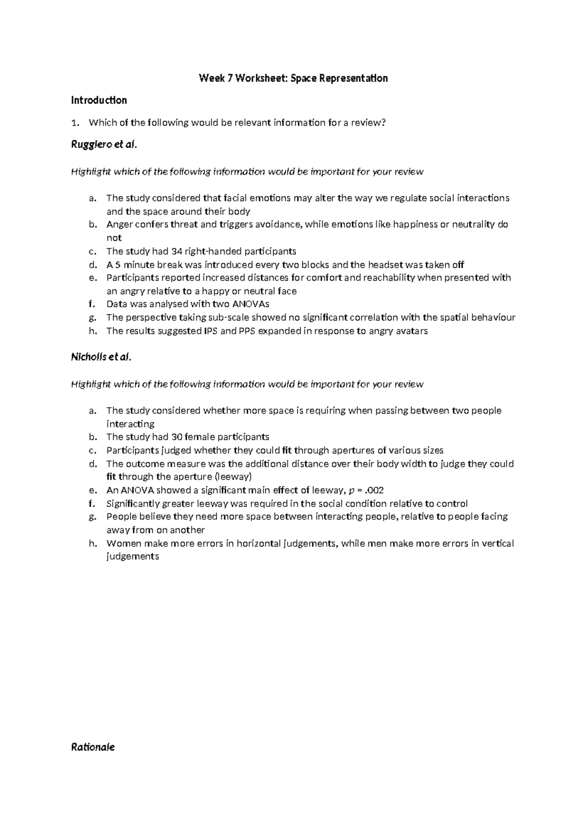 Worksheet Space representation - Week 7 Worksheet: Space Representation ...