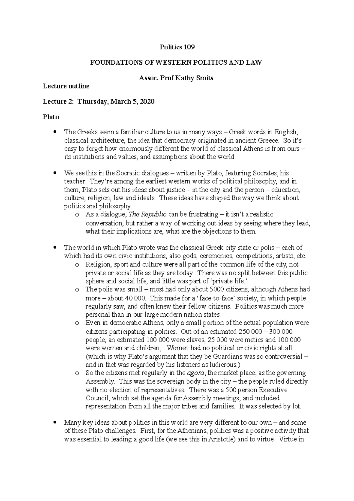 Pols 109 Plato lecture outline 1 - Politics 109 FOUNDATIONS OF WESTERN ...