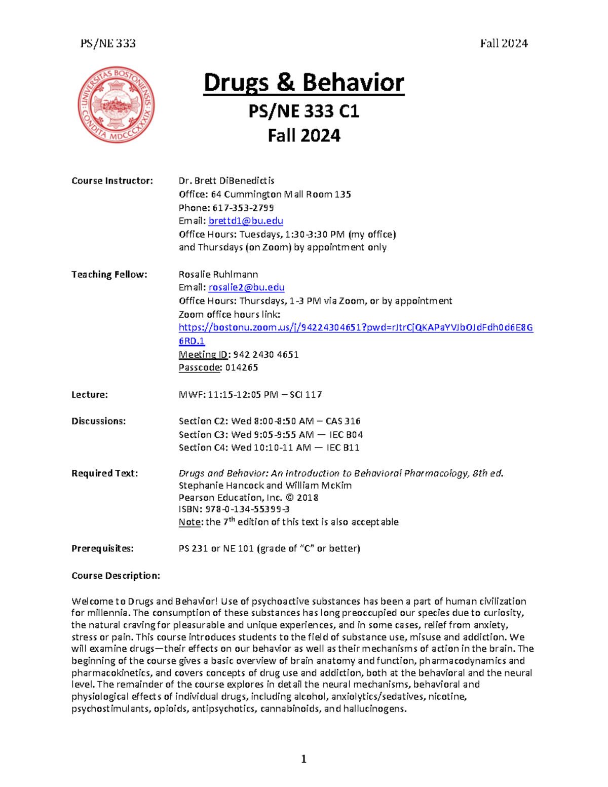 Di Benedictis PS333 C1 Syllabus Fall 2024 - Drugs & Behavior PS/NE 333 ...