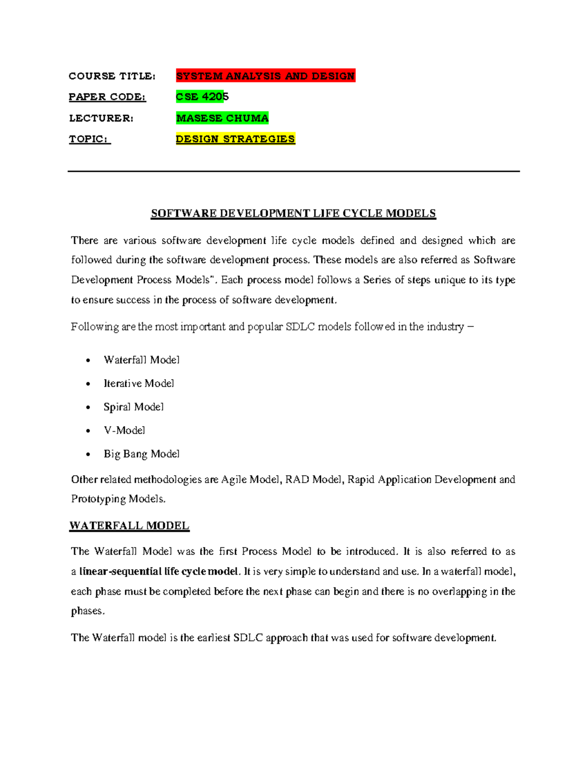 Software Development LIFE Cycle Models - COURSE TITLE: SYSTEM ANALYSIS ...