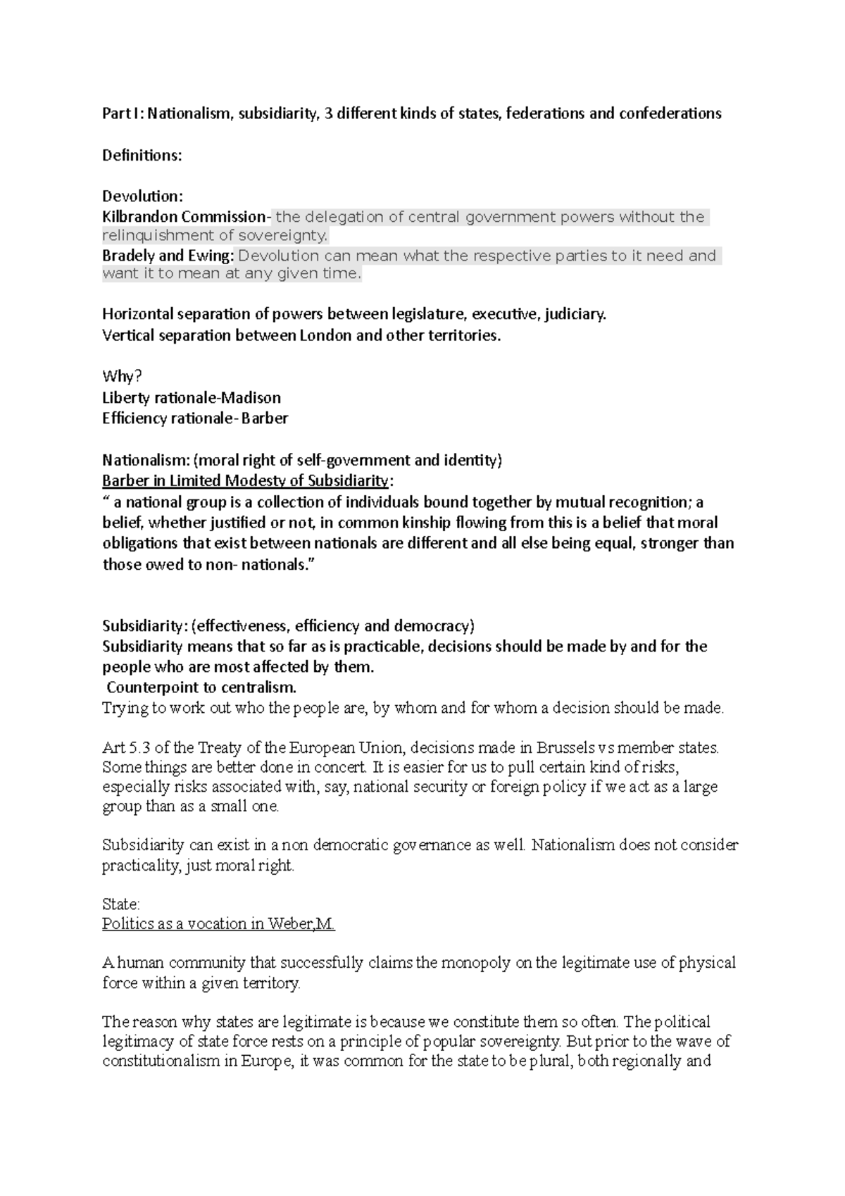 Devolution Lecture Notes Part I Naionalism Subsidiarity 3 Diferent Kinds Of States