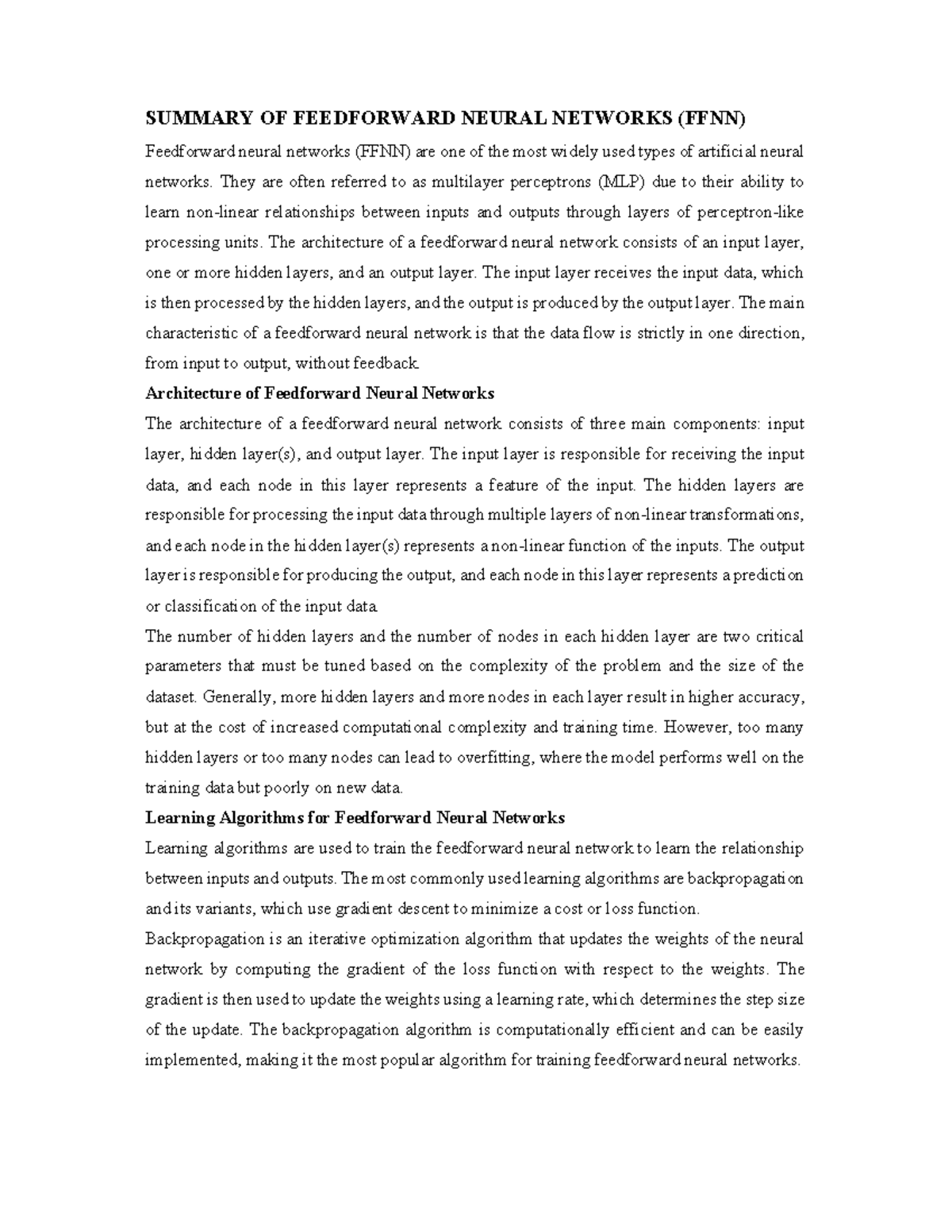 Summary Of Feedforward Neural Networks Ffnn Summary Of Feedforward Neural Networks Ffnn