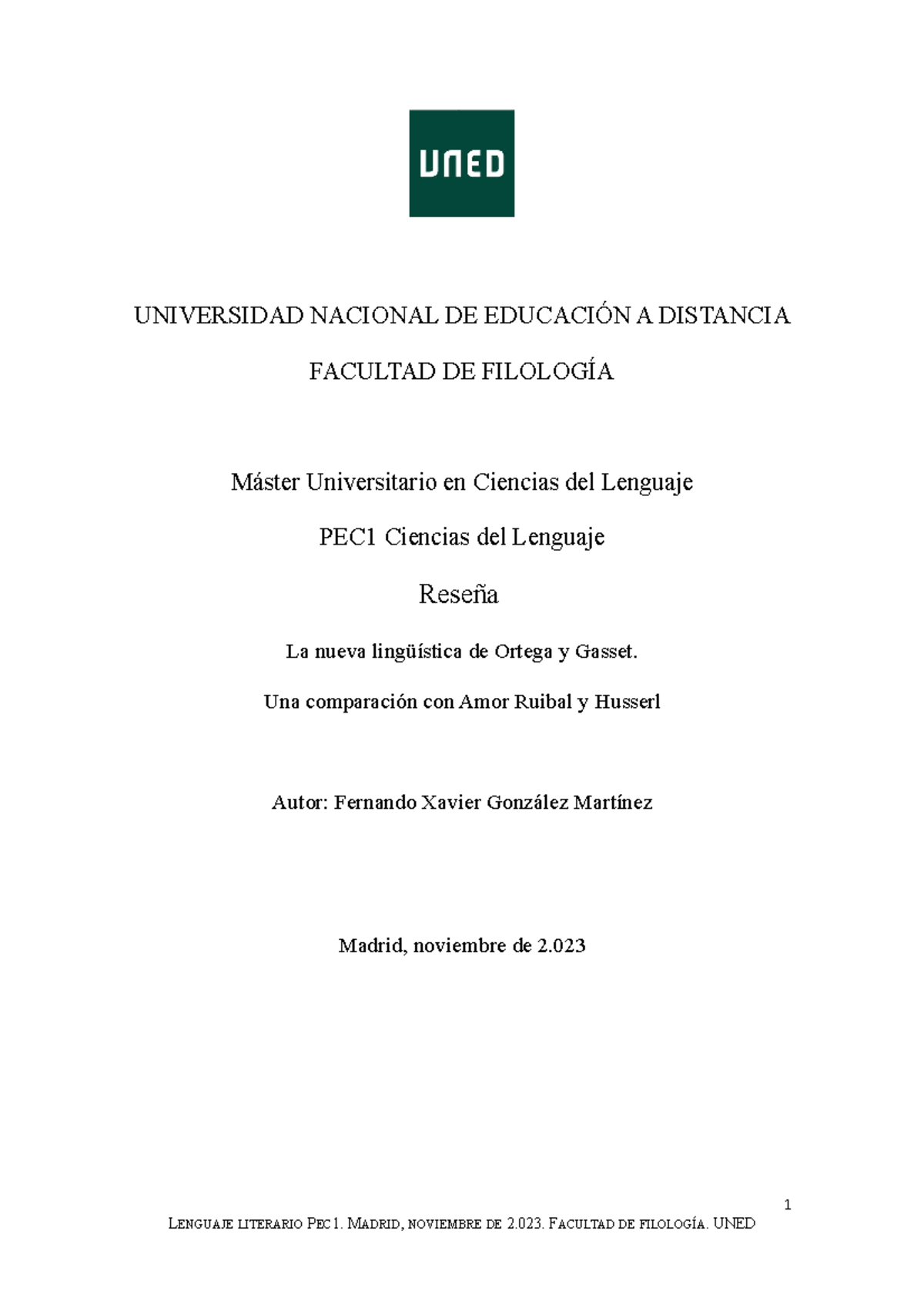 Ciencias del Lenguaje PEC1 - Una comparación con Amor Ruibal y Husserl ...