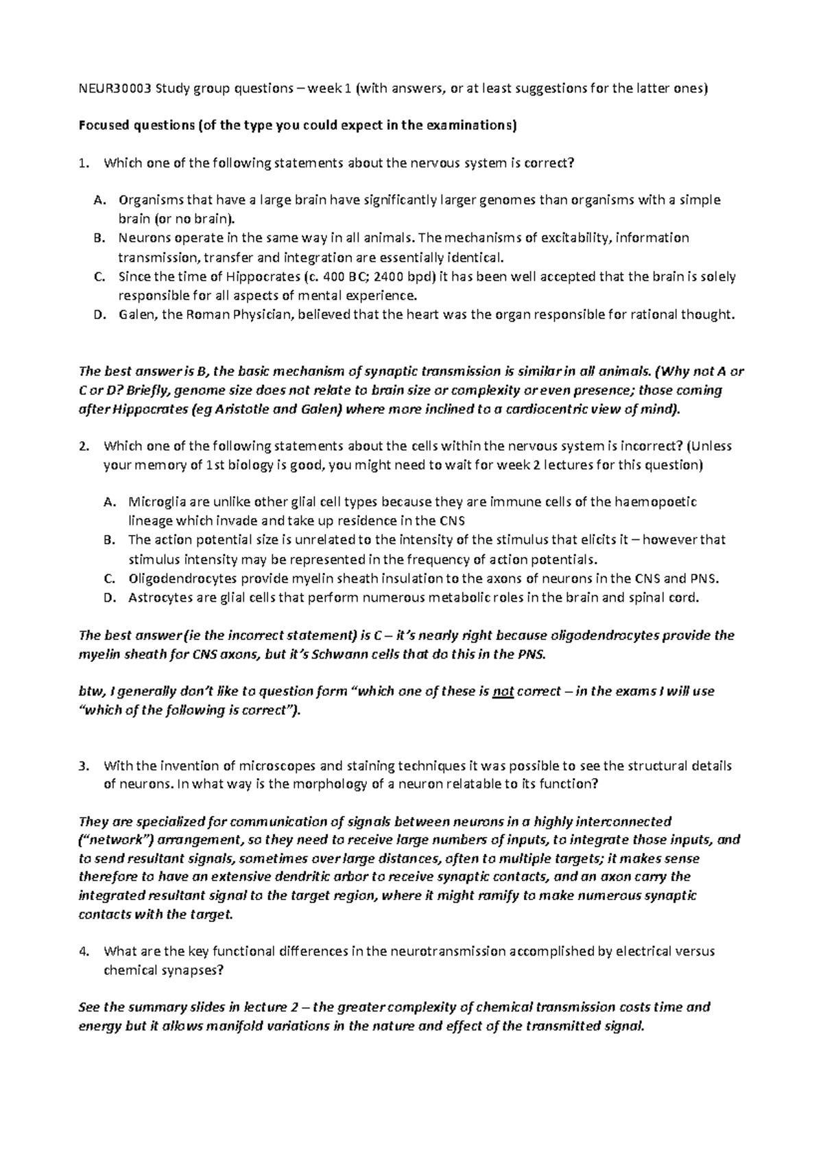 Principles week 1 quiz - NEUR30003 Study group questions – week 1 (with answers, or at least ...