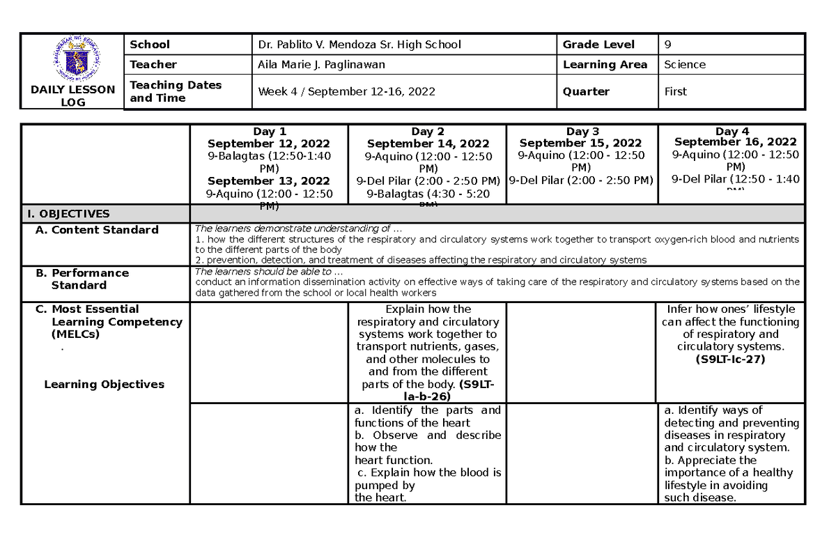 DLL Science 9 W4 - DAILY LESSON LOG School Dr. Pablito V. Mendoza Sr ...