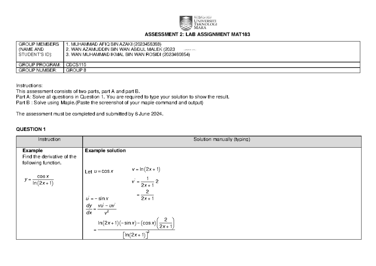 Group 8 - Assessment 2 MAT183 JUNE 2024 - ASSESSMENT 2: LAB ASSIGNMENT ...