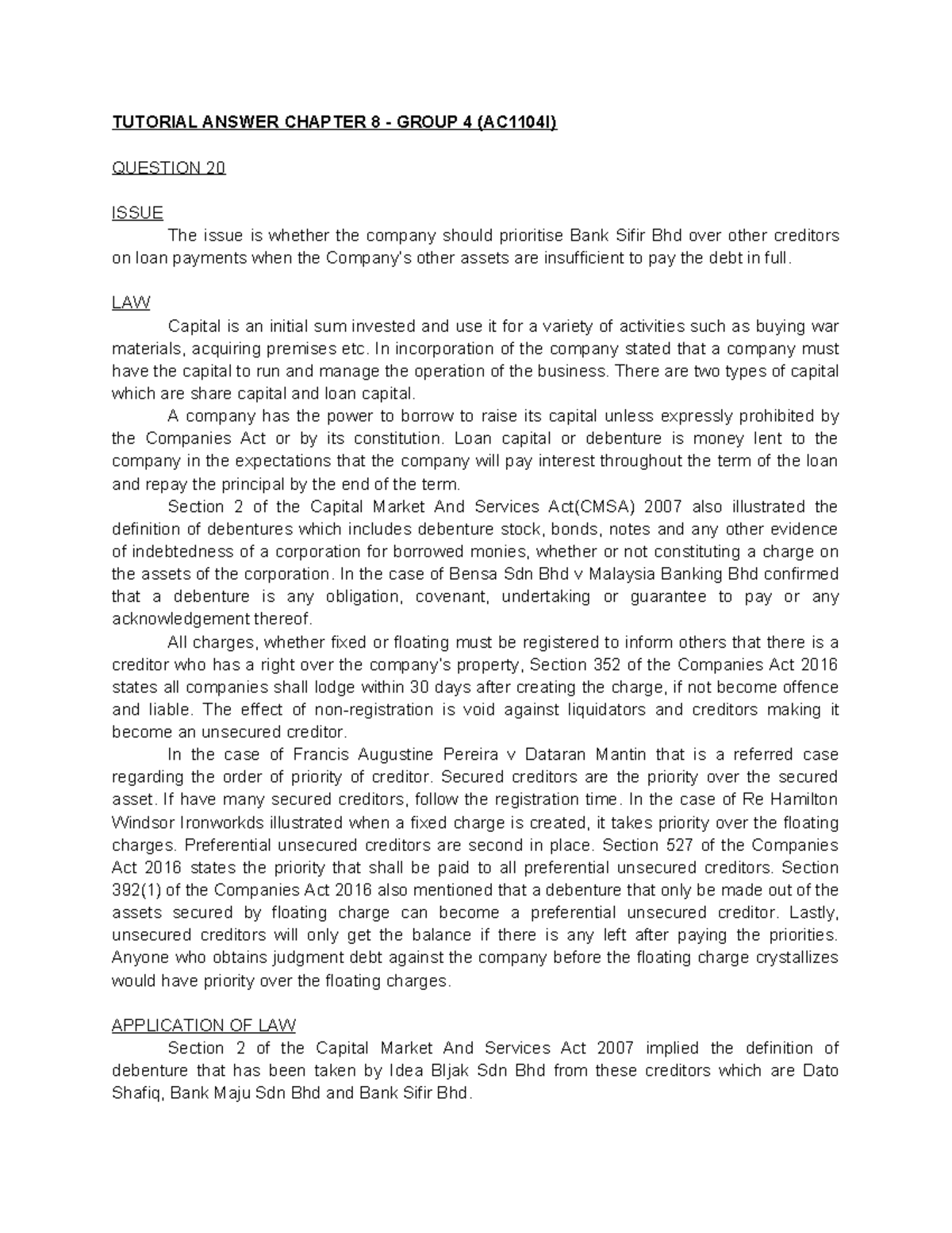 LAW346 Tutorial Answer Chapter 8 - TUTORIAL ANSWER CHAPTER 8 - GROUP 4 (AC1104I) QUESTION 20 ...