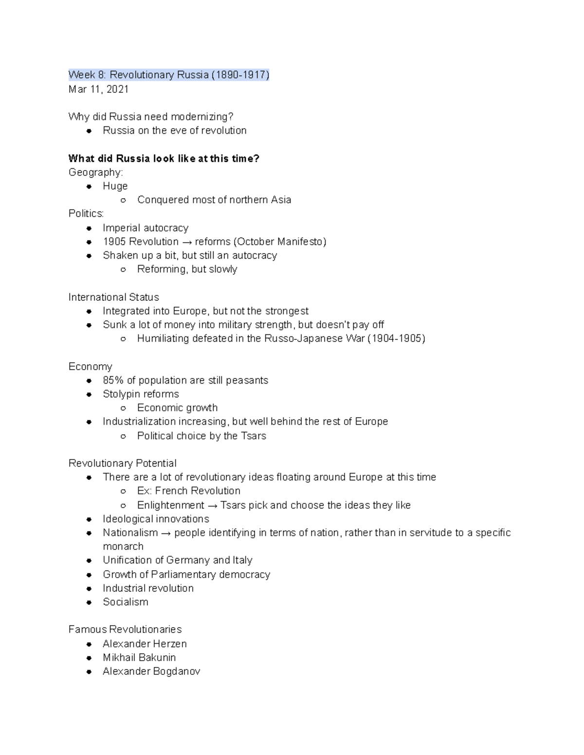 Week 8 Revolutionary Russia (1890-1917) - Week 8: Revolutionary Russia (1890-1917) Mar 11, 2021 ...