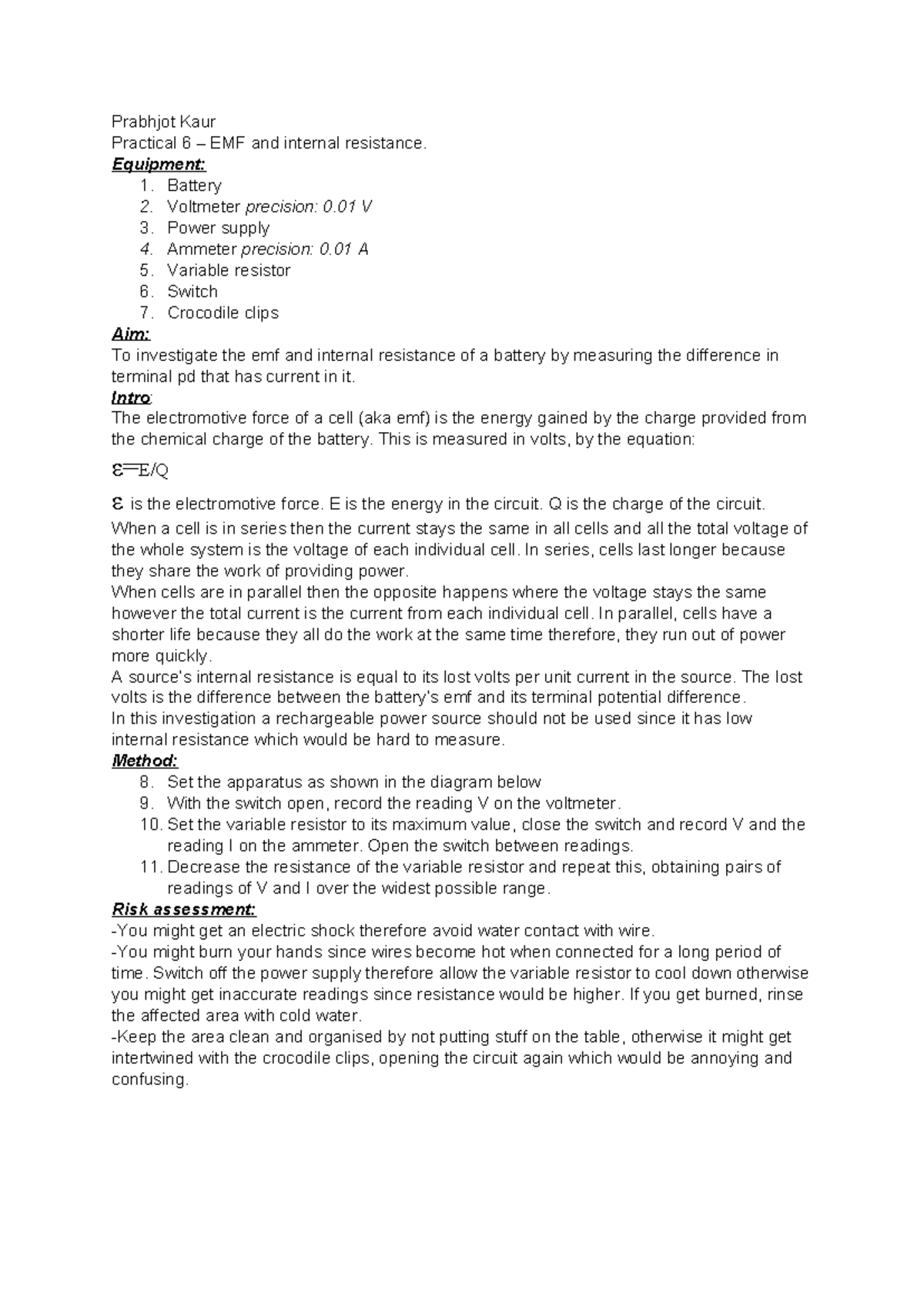 Physics prac 6 - aqa a level - Prabhjot Kaur Practical 6 – EMF and ...