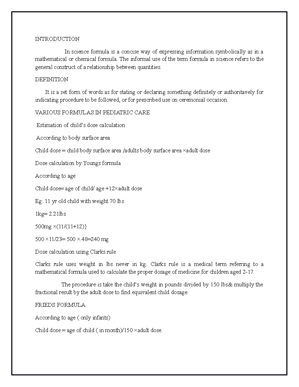 Pediatric formulas - Lecture notes - INTRODUCTION In science formula is ...