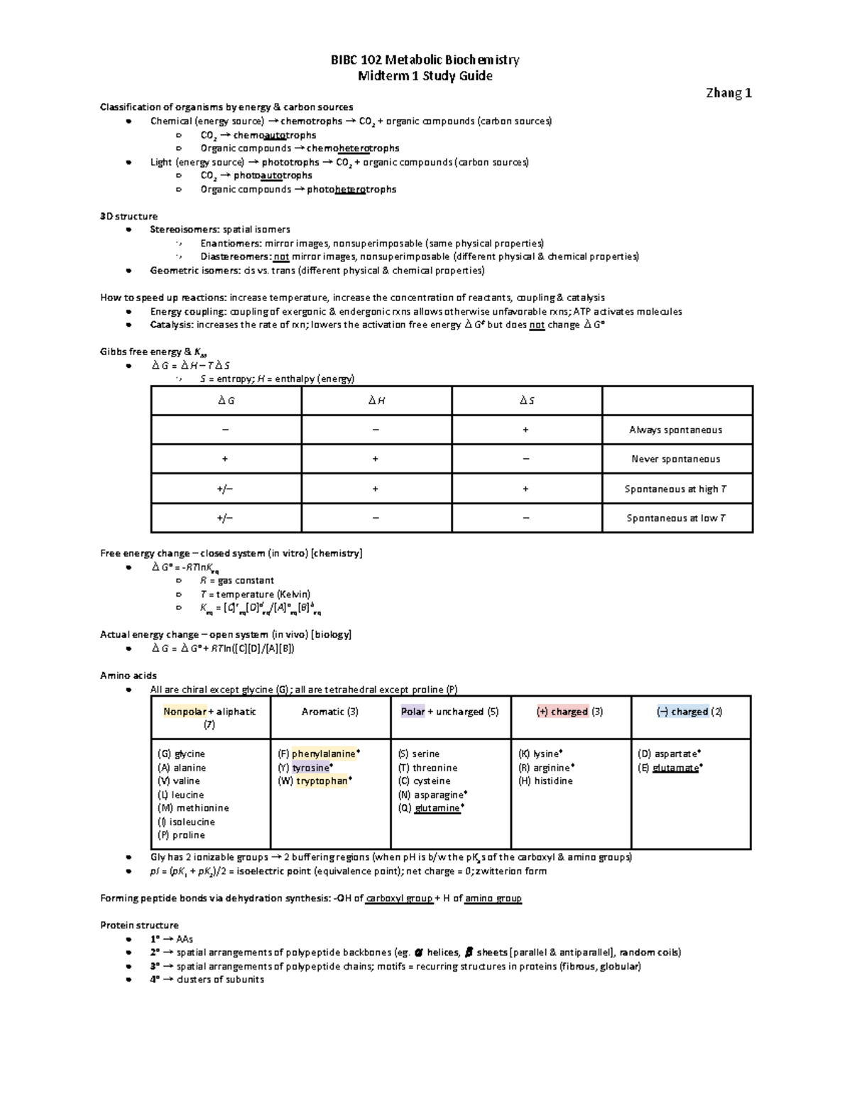 BIBC 102 Midterm 1 Study Guide - Midterm 1 Study Guide Zhang 1 ...