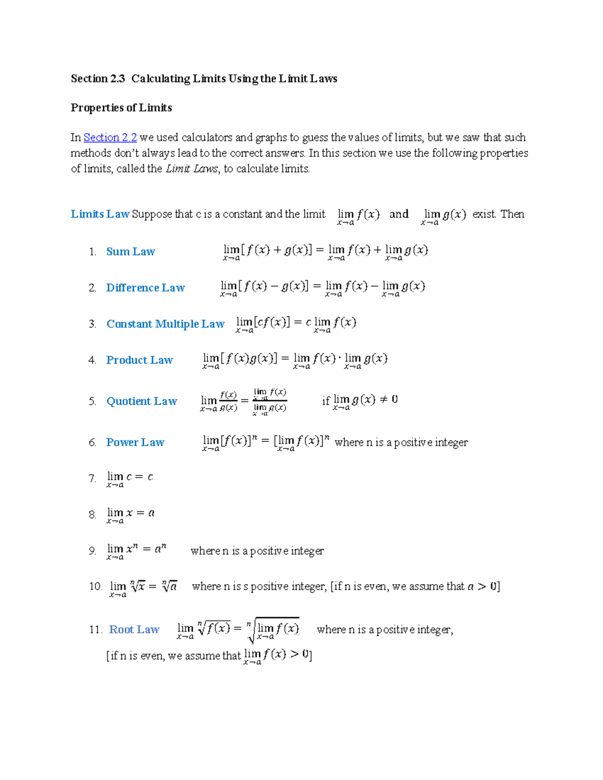 Section 2.3 Calculating Limits Using the Limit Laws - In this section ...