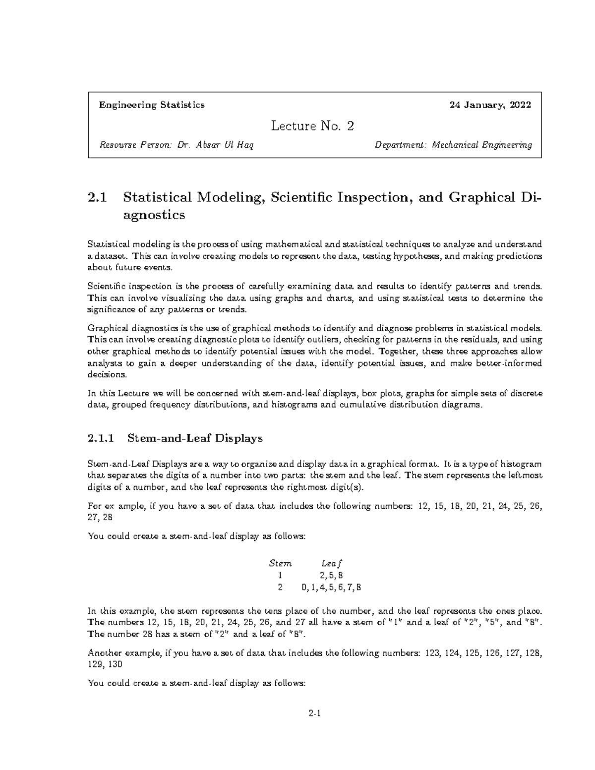 Lecture No - kkkkkkkk - Engineering Statistics 24 January, 2022 Lecture ...