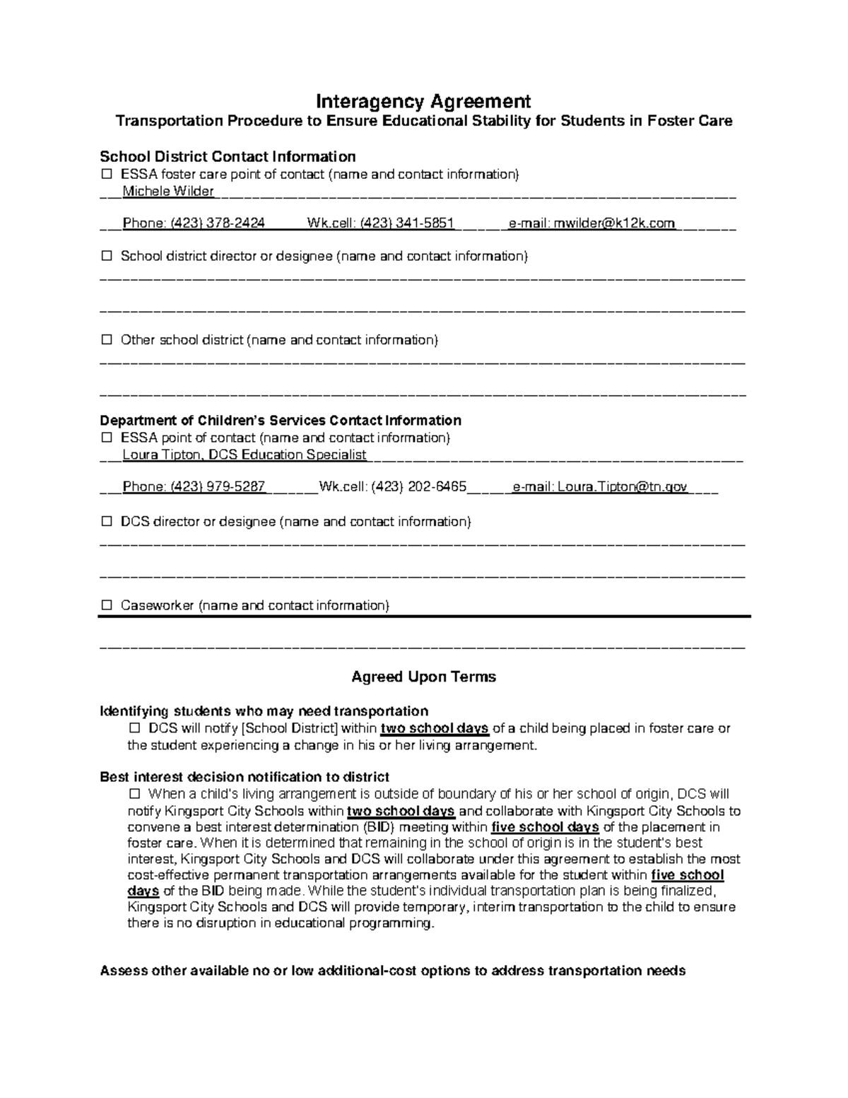 Interagency Agreement Transportation for Students in Foster Care ...