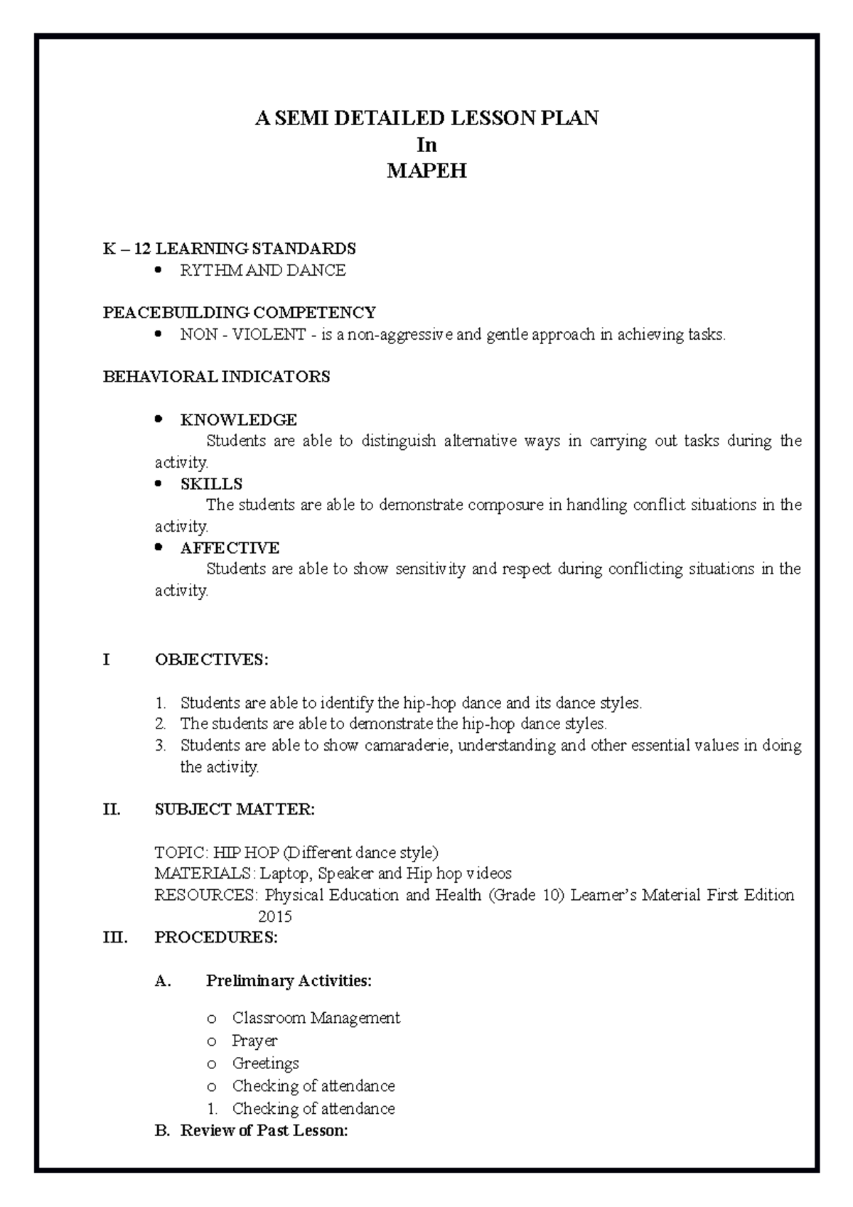 NON Violent - nxcjnxu - A SEMI DETAILED LESSON PLAN In MAPEH K – 12 ...