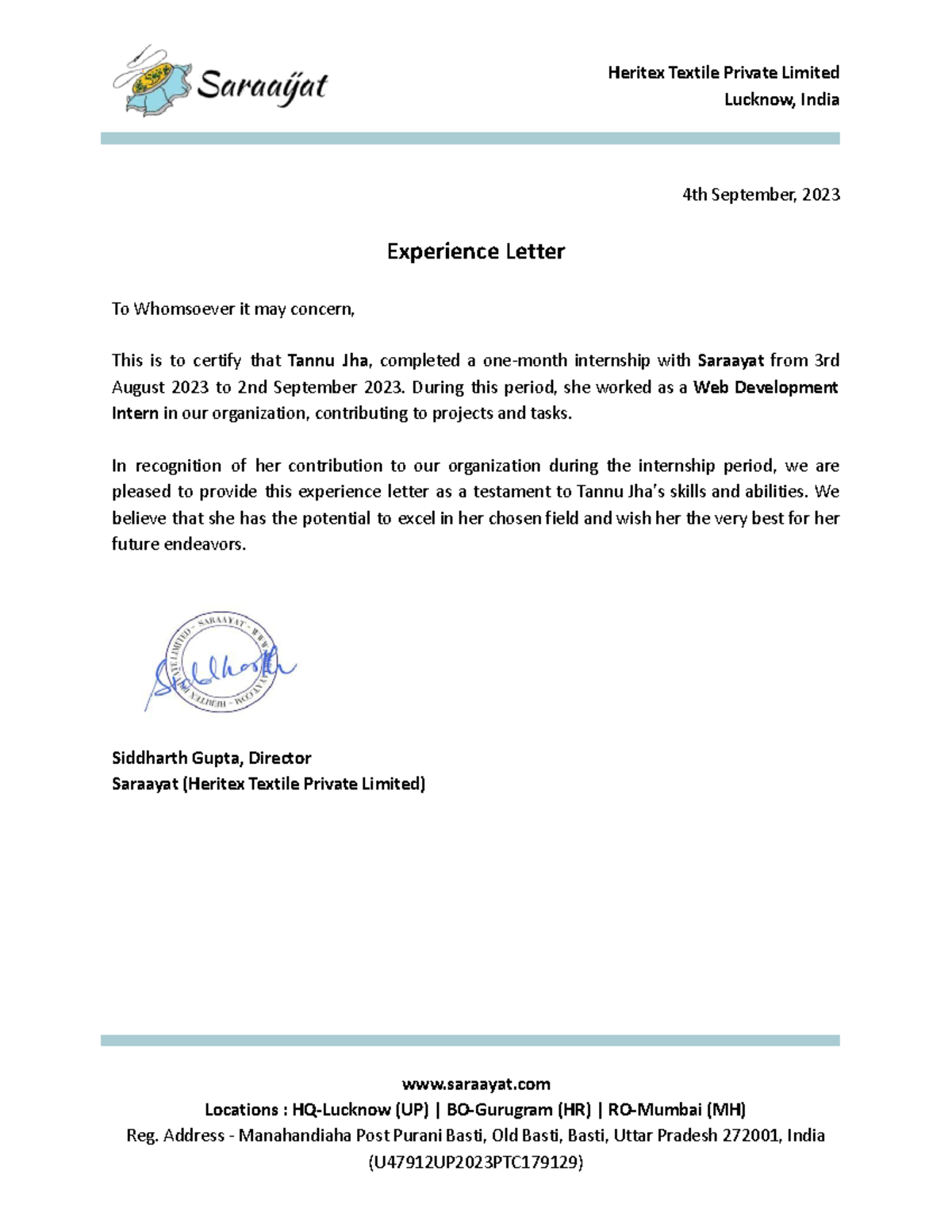 Tannu Experience letter 230904 140604 - Heritex Textile Private Limited ...