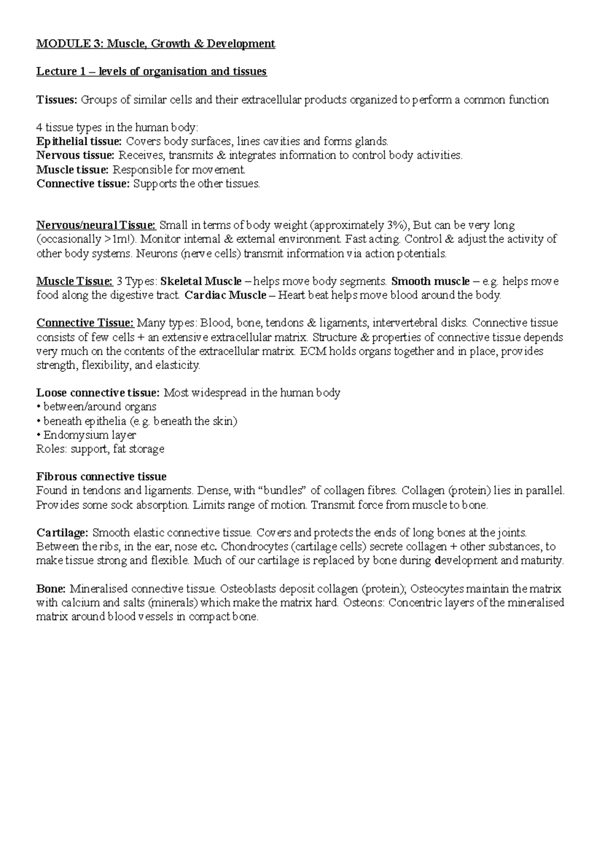 Module 3 Notes - MODULE 3: Muscle, Growth & Development Lecture 1 ...