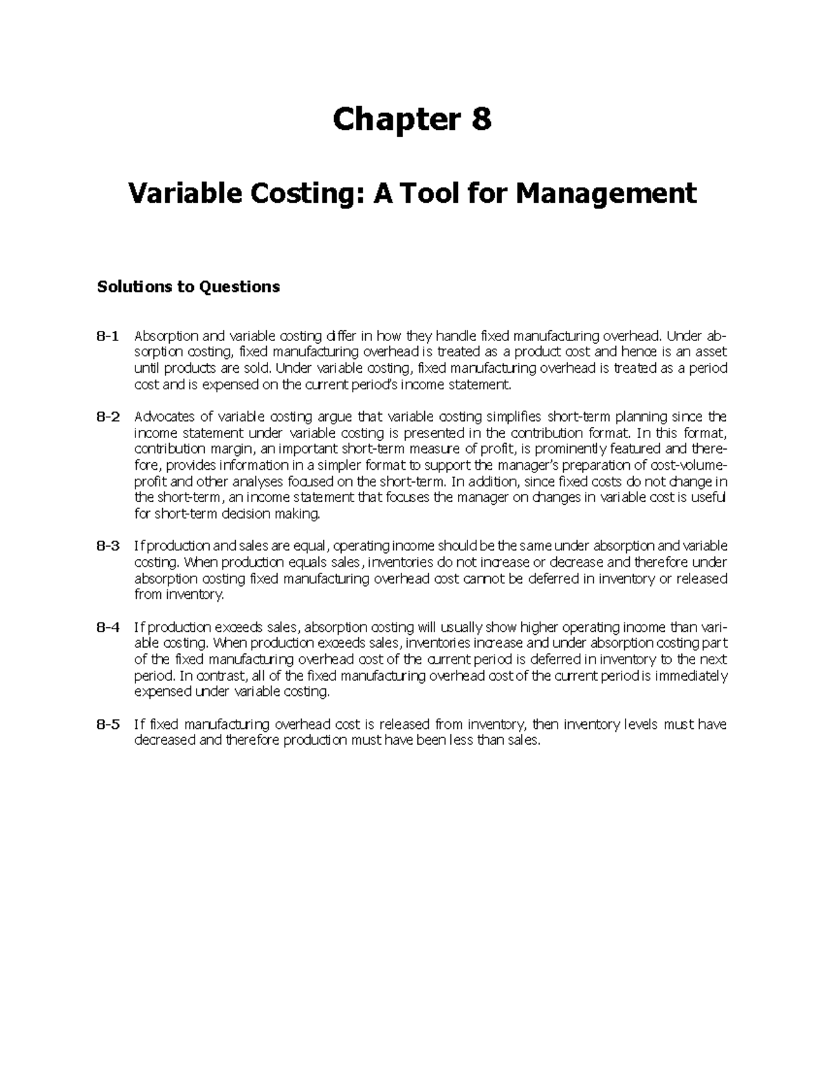 Chapter 8 - Suggested Problems - Solutions - Chapter 8 Variable Costing: A Tool for Management ...