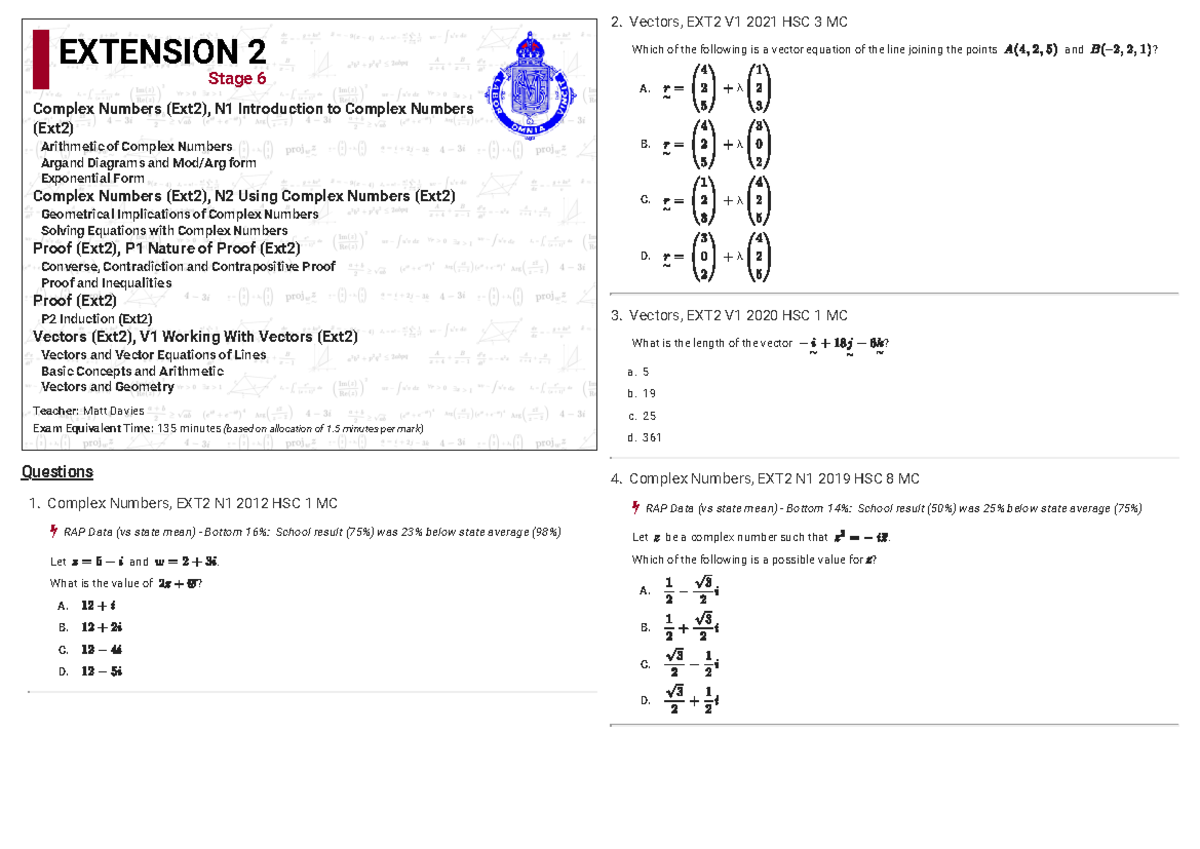 Ext2 Trial Revision 1 - 1. Complex Numbers, EXT2 N1 2012 HSC 1 MC ...