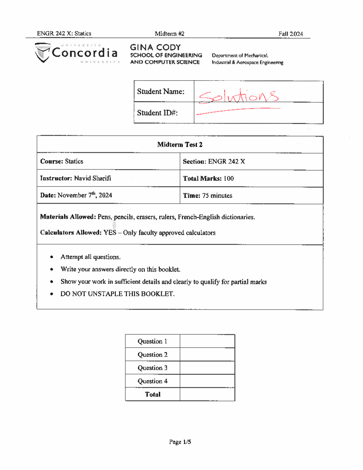 Midterm 2 solutions - ENGR 242 X: Statics Midterm Fall 2024 GINA CODY ...
