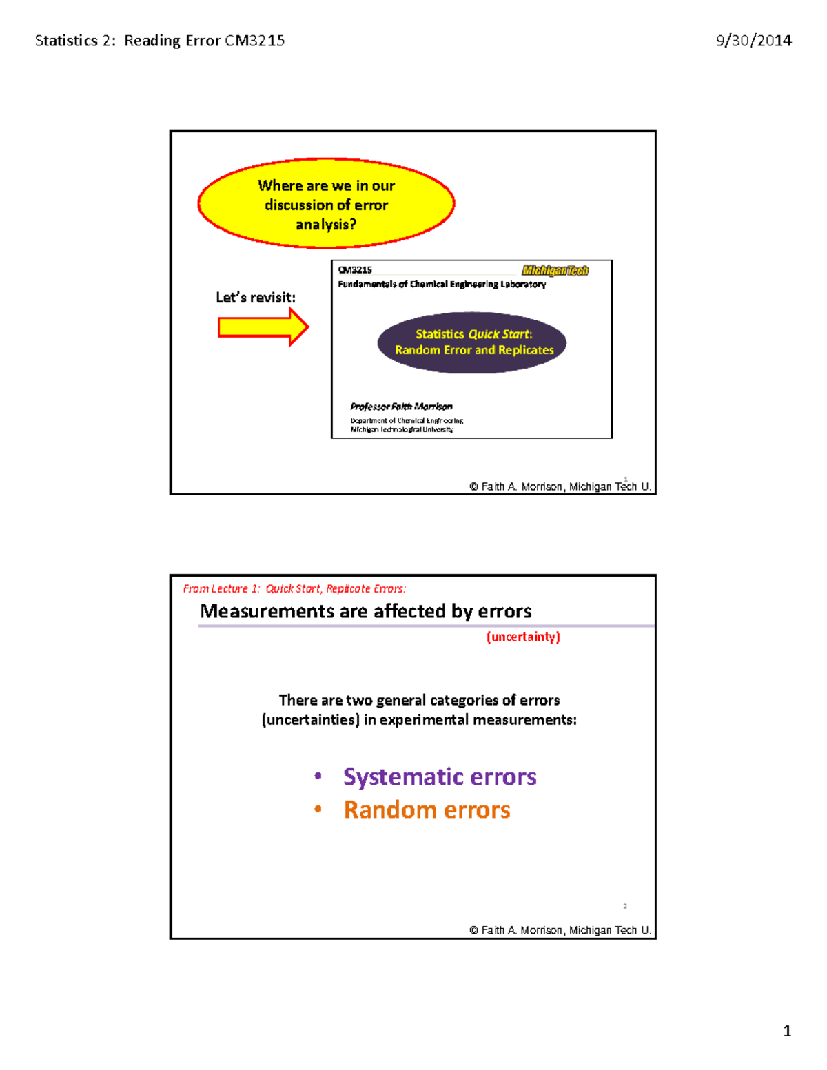 CM3215 Lecture Statistics 2 Reading Error Fall 2014 - © Faith A ...