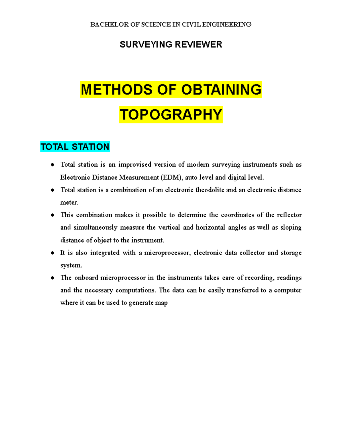 Methods OF Obtaining Topography - Surveying - BACHELOR OF SCIENCE IN ...