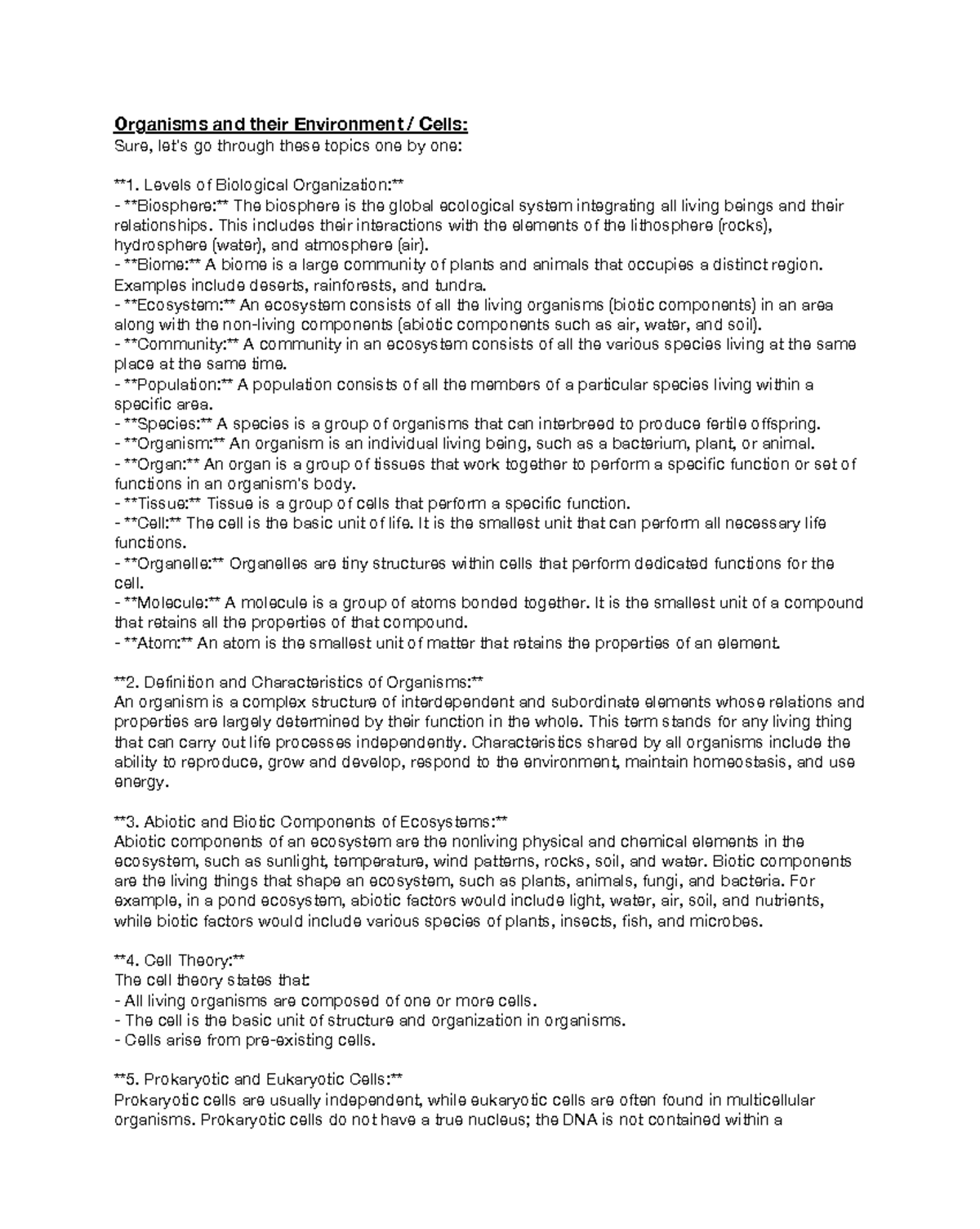 Final exam notes - Organisms and their Environment / Cells: Sure, let's ...
