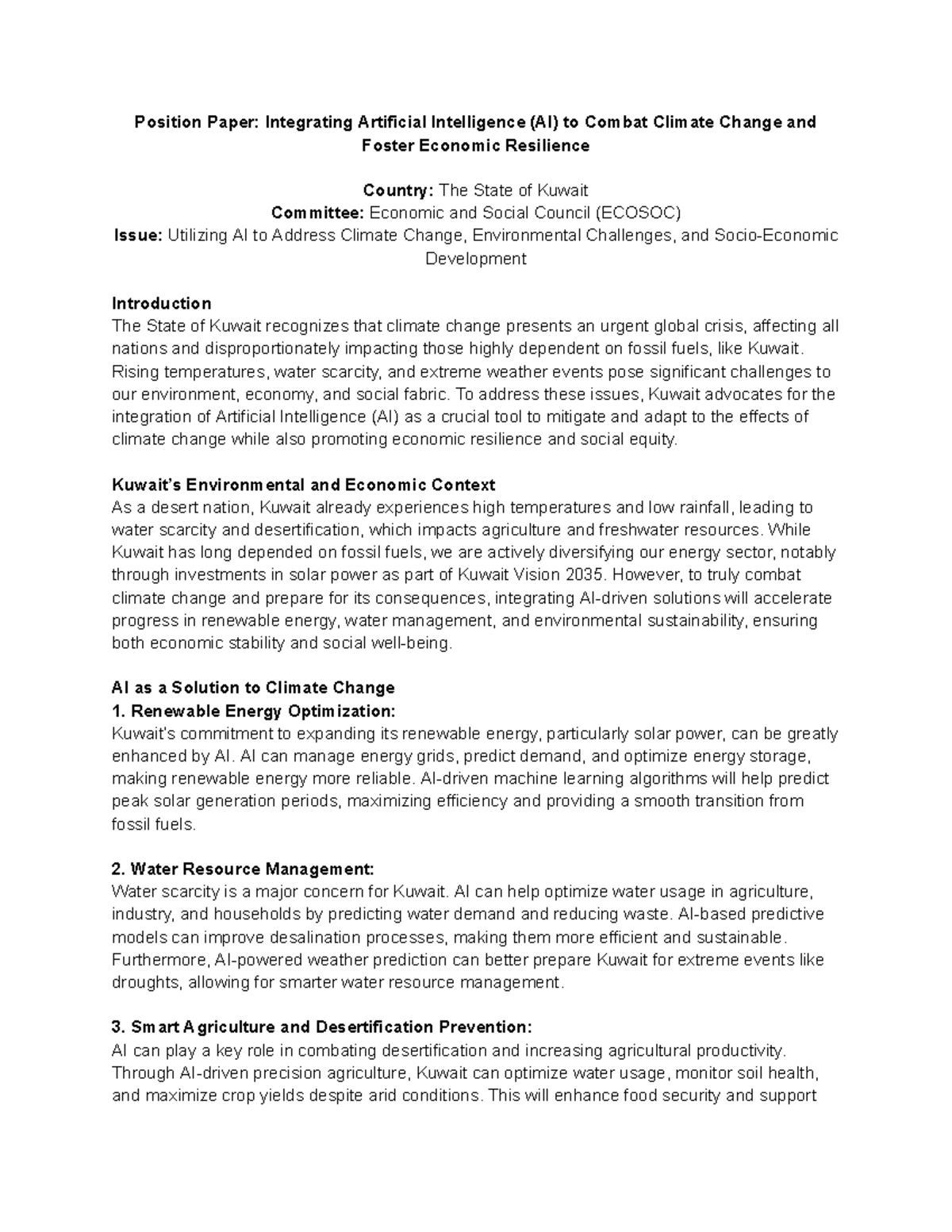 Position Paper Kuwait - n/a - Position Paper: Integrating Artificial ...