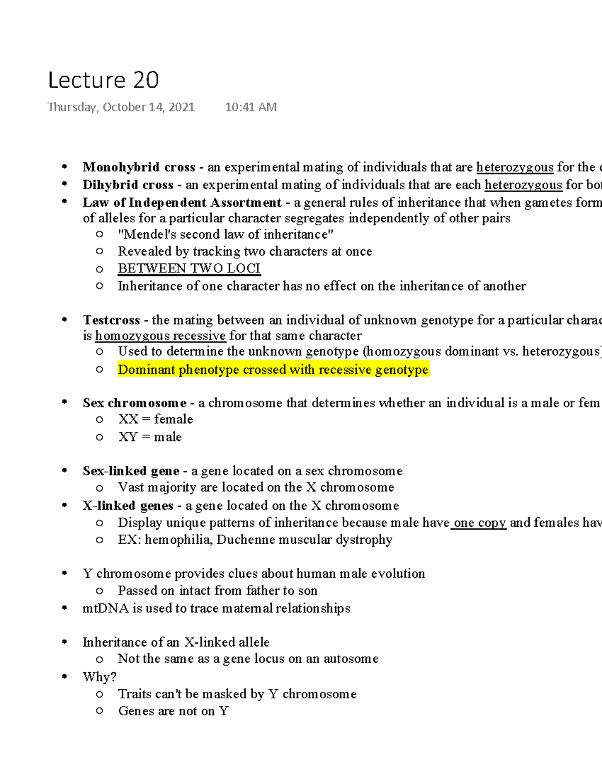 Lecture 20 - notes - " Monohybrid cross - an experimental mating of ...