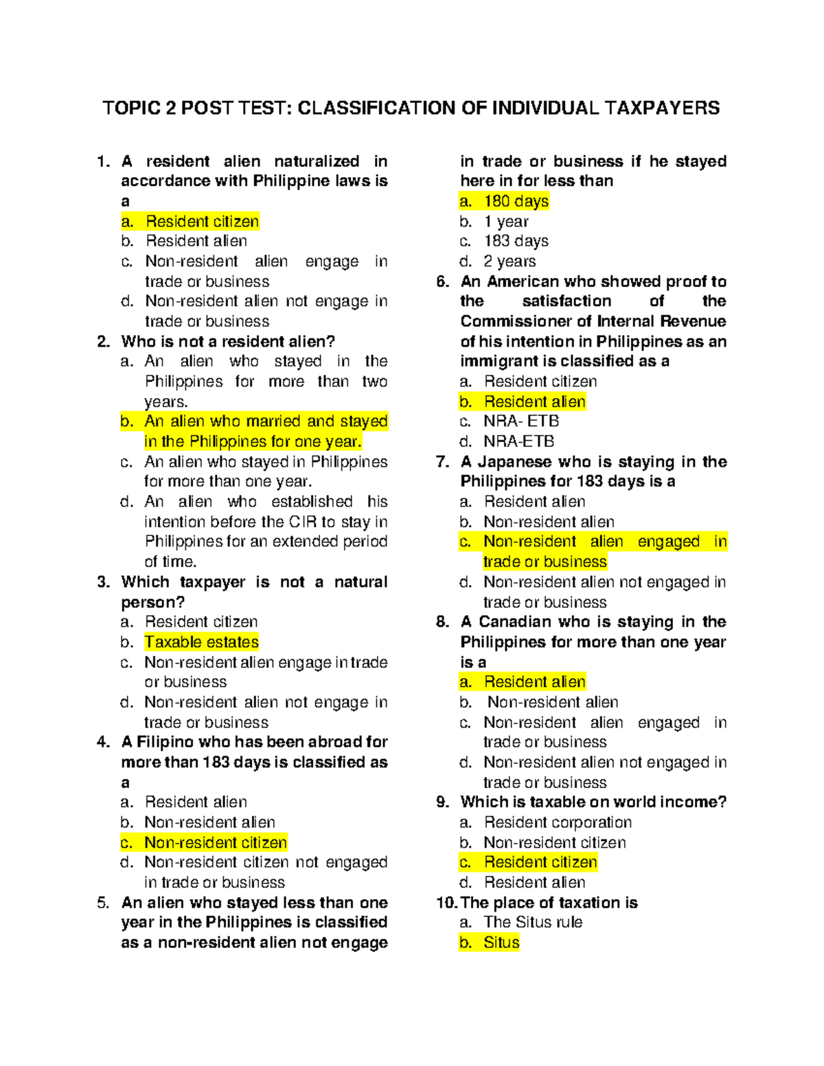 QUIZ - Classification OF Individual Taxpayers - TOPIC 2 POST TEST ...