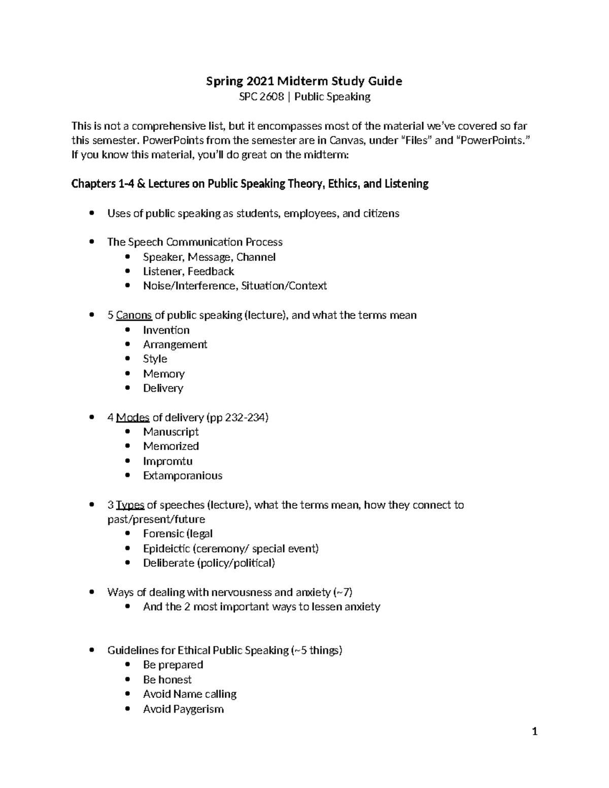 NEW 2608 Midterm Study Guide-1 - Spring 2021 Midterm Study Guide SPC 2608 | Public Speaking This ...