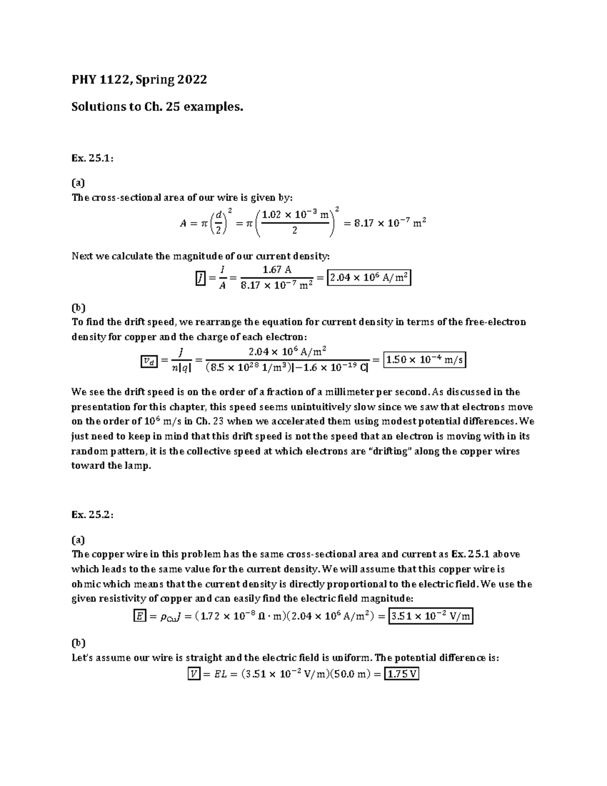 Ch. 25 - Example solutions - PHY 1122, Spring 2022 Solutions to Ch. 25 examples. Ex. 25: (a) The ...