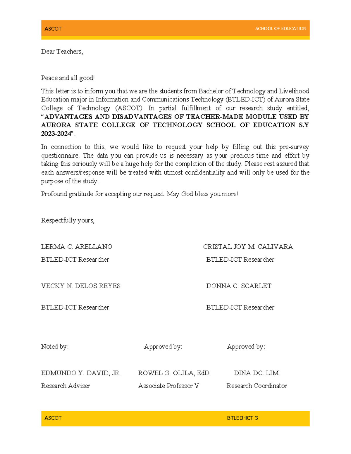 Request for Pre survey - Lesson Plan and lecture notes - ASCOT SCHOOL ...