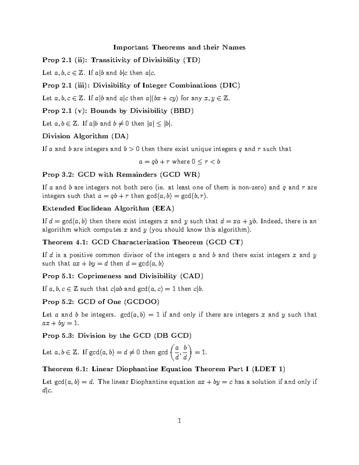 MATH 135 Theorems Sheet - Important Theorems and their Names Prop 2 (ii ...