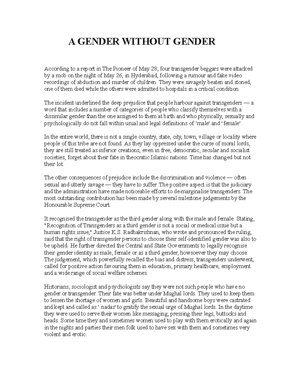 A Gender Without Gender - A GENDER WITHOUT GENDER According to a report ...