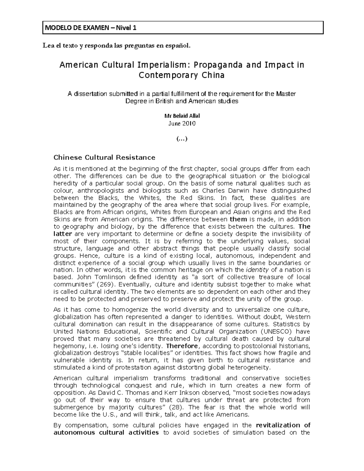 Modelo de examen - Nivel 1 - Lea el texto y responda las preguntas en ...