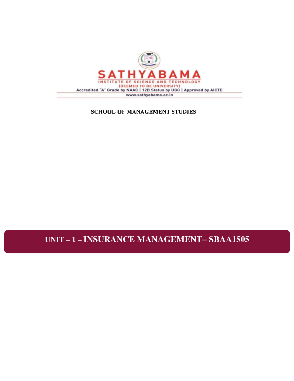 Insurance Management Notes - SCHOOL OF MANAGEMENT STUDIES UNIT – 1 ...